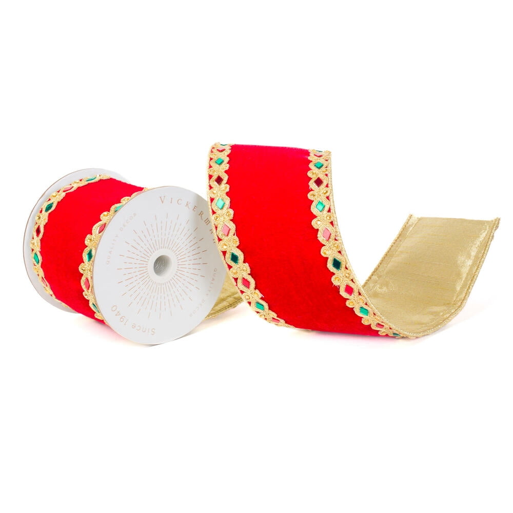 Vickerman QK240965 4 in. x 10 Yards Red Velvet Jeweled Gold Applique ...