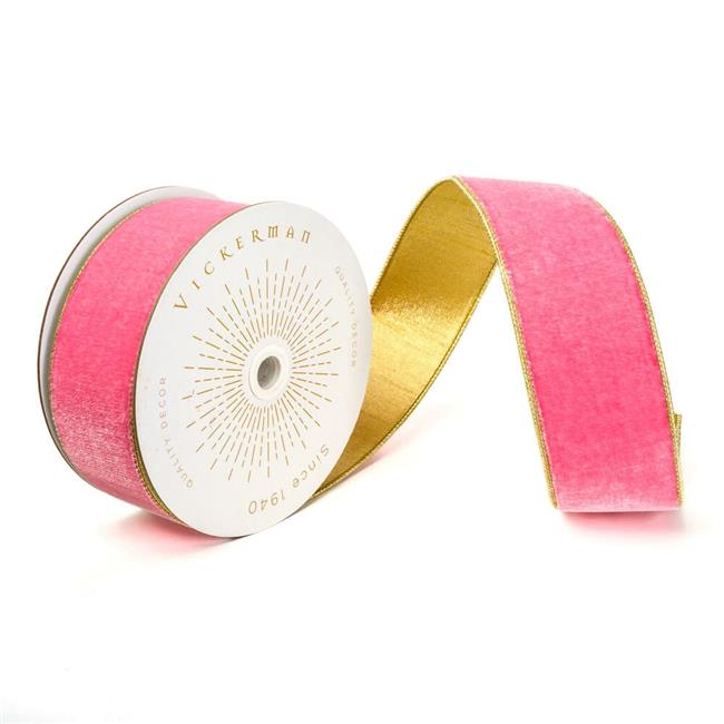 Vickerman QK241580 2.5 in. x 10 Yards Pink Velvet Gold Trim & Backing ...