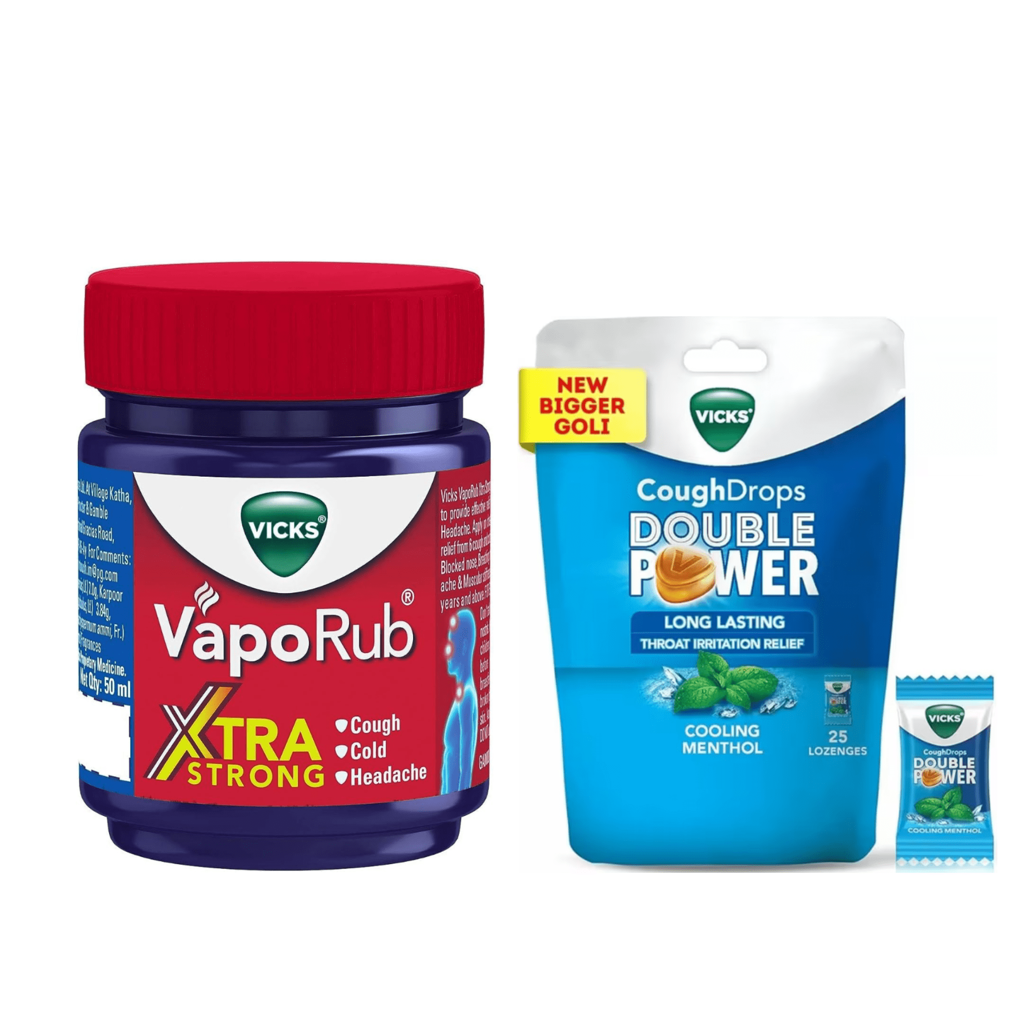 Vicks Cough Drops Menthol 25 Count + VapoRub Xtra Strong 50ml Cold ...