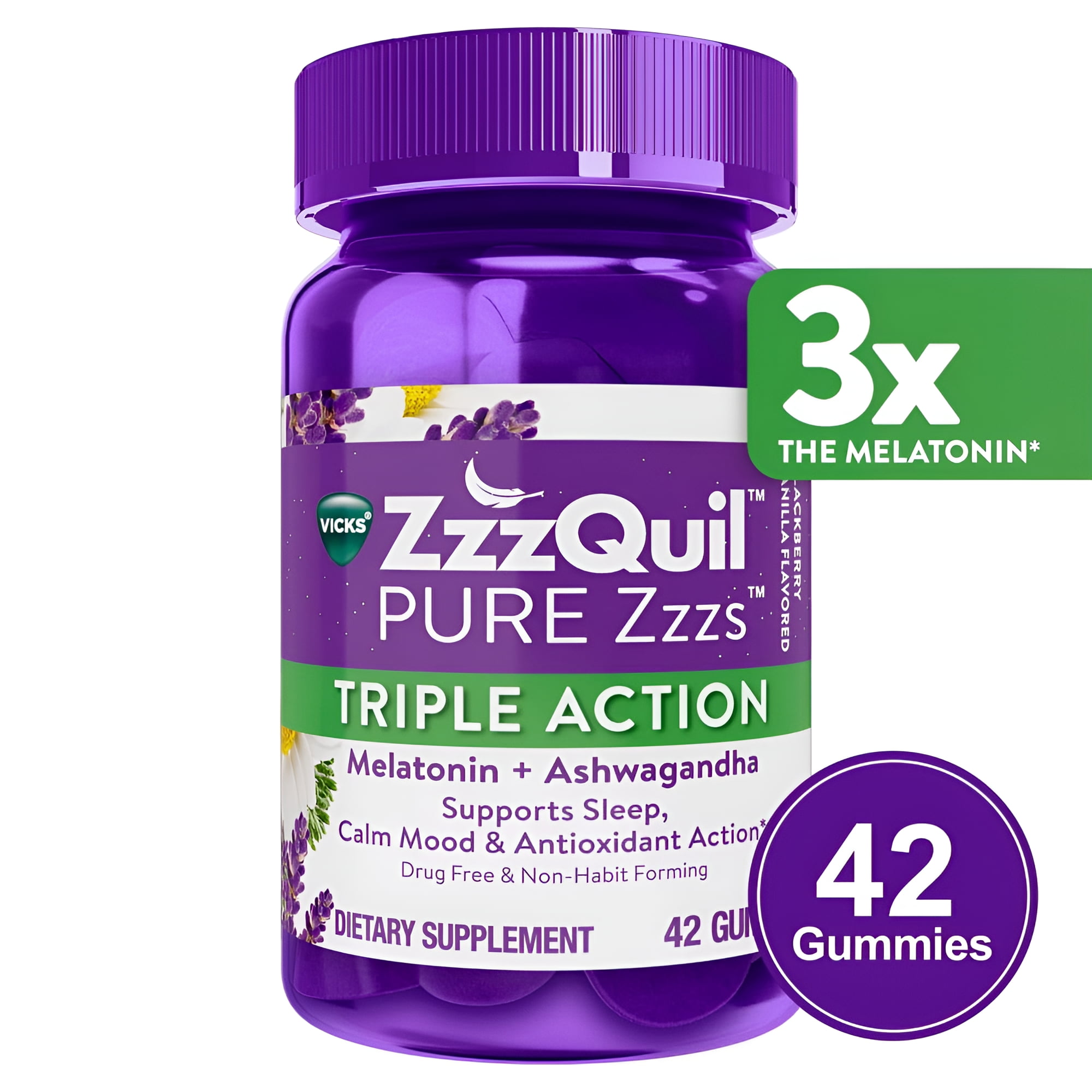 Vicks ZzzQuil PURE Zzzs Triple Action Melatonin Sleep-Aid Gummies, Natural Tranquil Rest, 6mg ...
