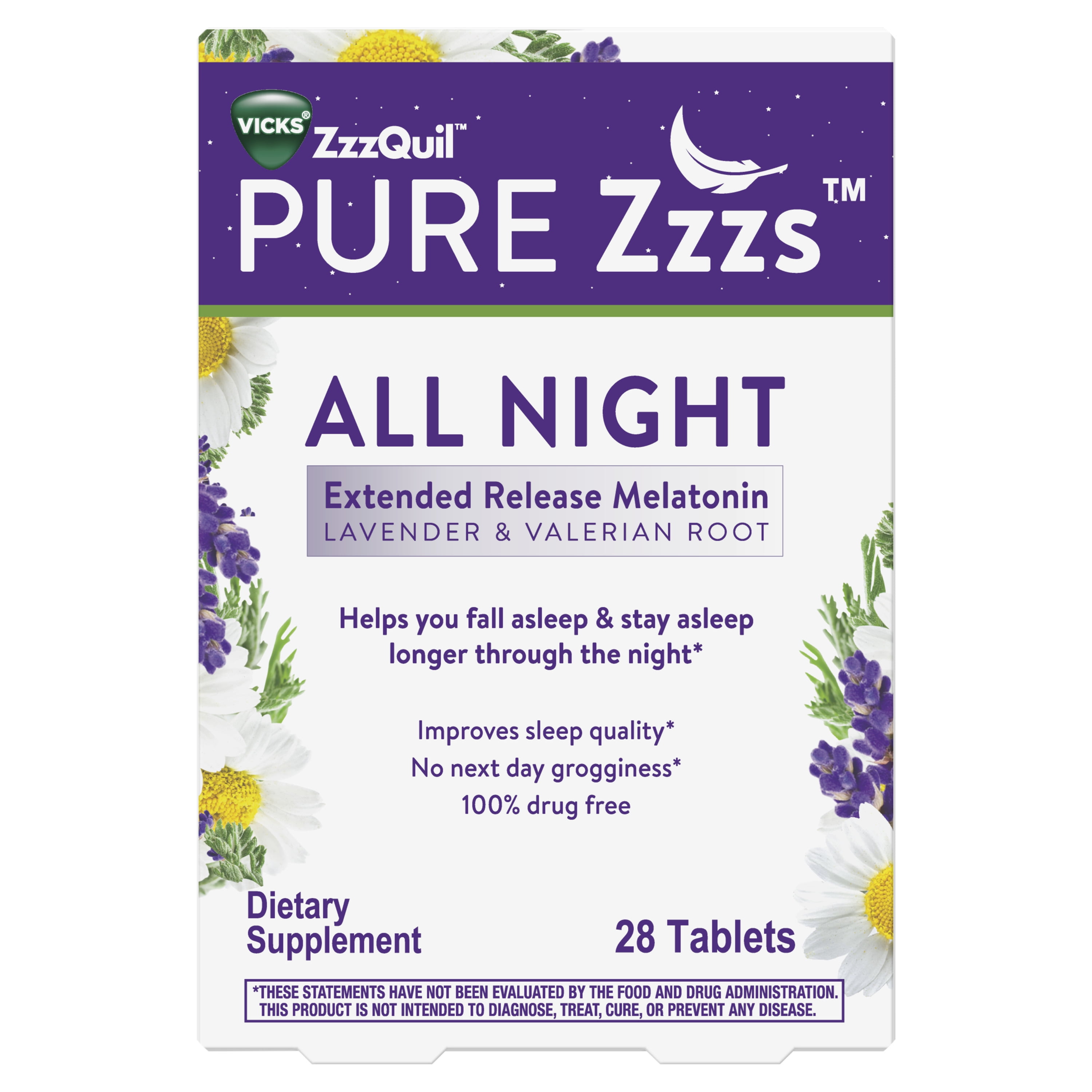 Vicks ZzzQuil Pure Zzzs All Night Extended Release Melatonin Tablets ...