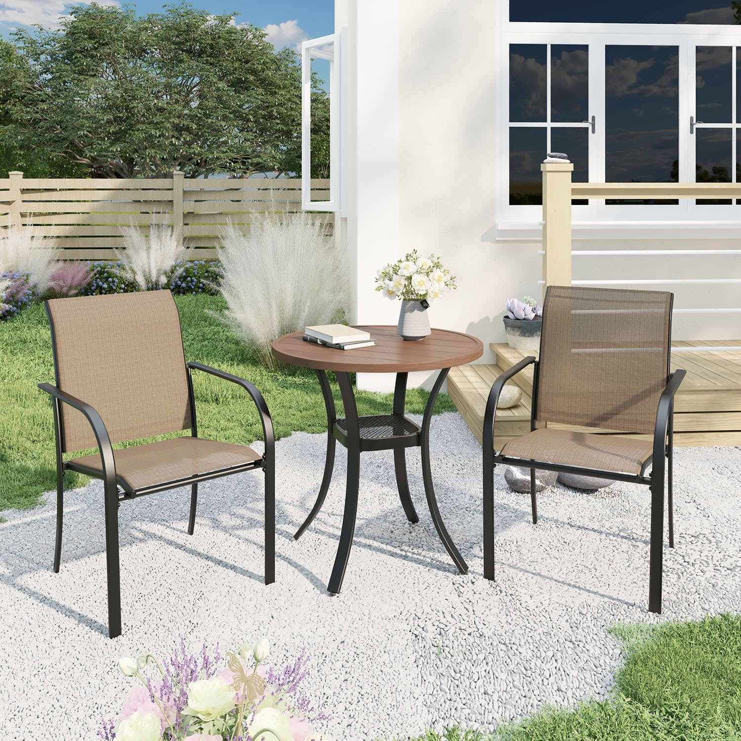 Vicllax 3-Piece Patio Bistro Set, Outdoor Stackable Sling Chairs and ...