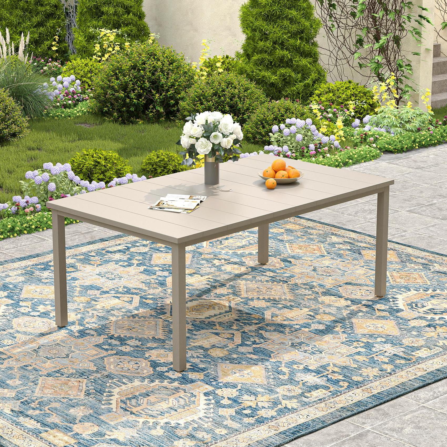 Vicllax 6-Person Outdoor Patio Dining Table with Umbrella Hole Metal Frame Rectangle, Cream ...