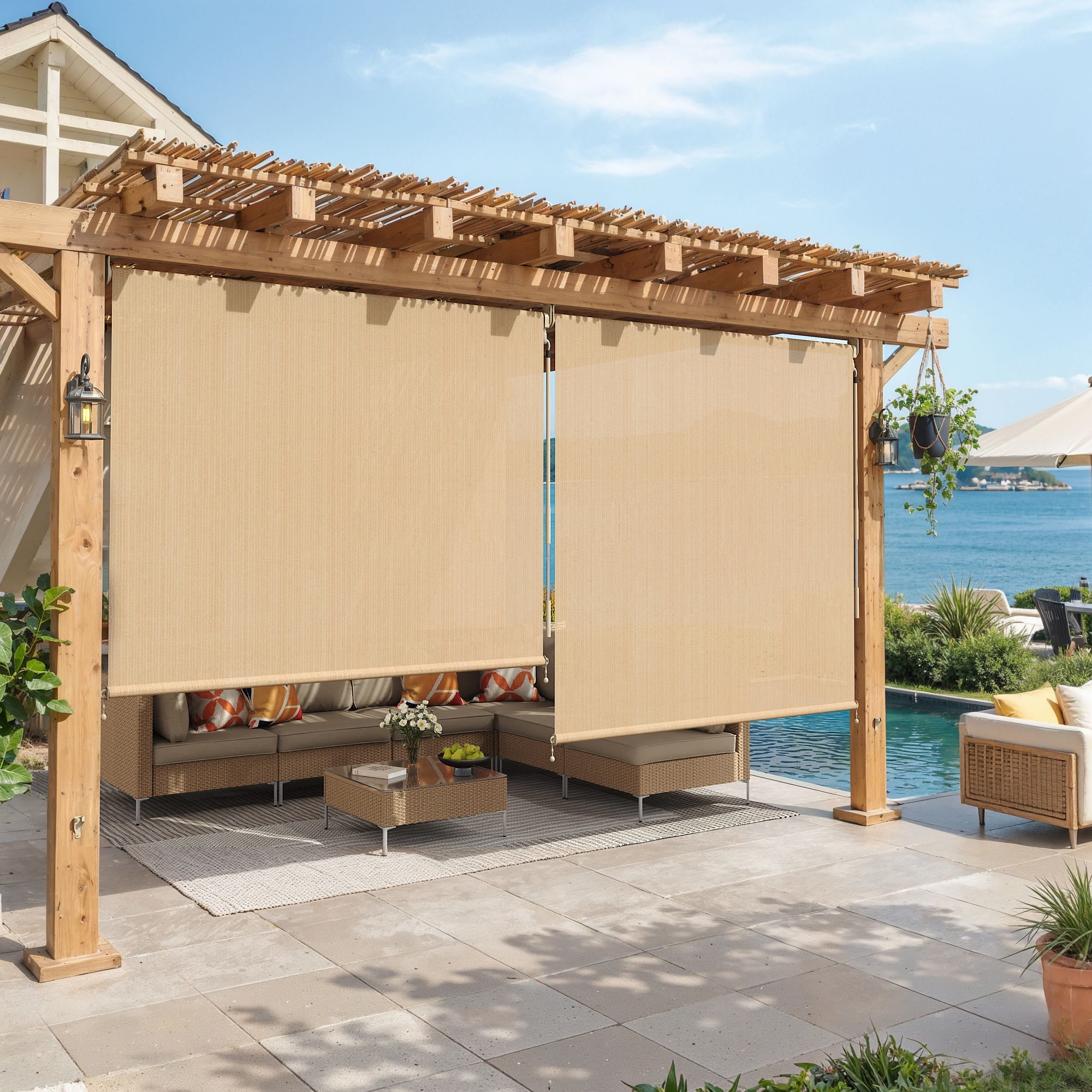 Vicllax 6'Wx6'H Outdoor Roller Shades Blinds for Patio Crank Operation ...