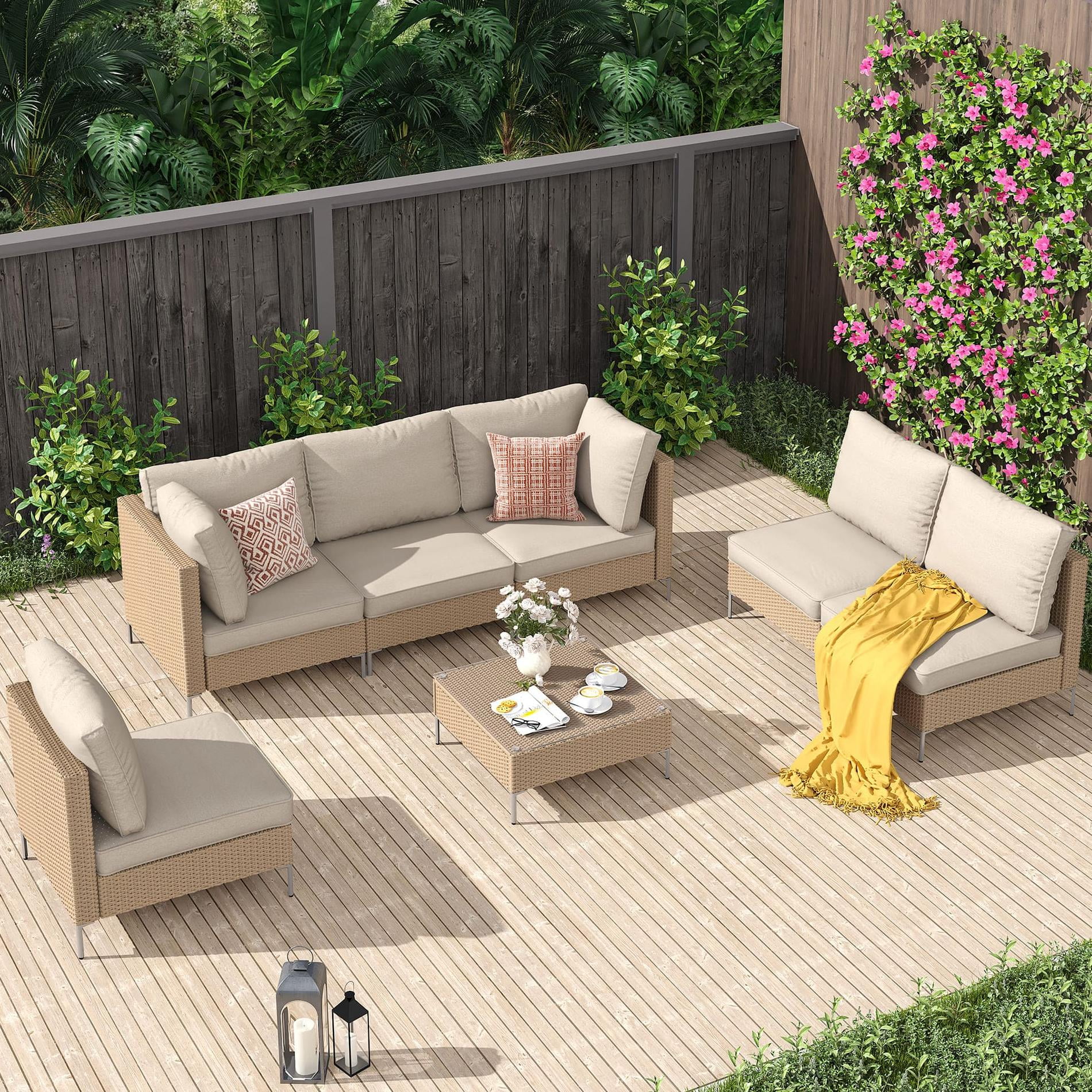 Vicllax 7 Piece Wicker Patio Furniture Set, Boho Outdoor Conversation ...