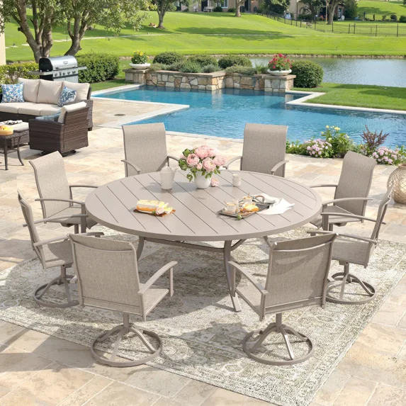 Vicllax 9-Pcs Round Outdoor Patio Dining Set Table and Chair Modern ...