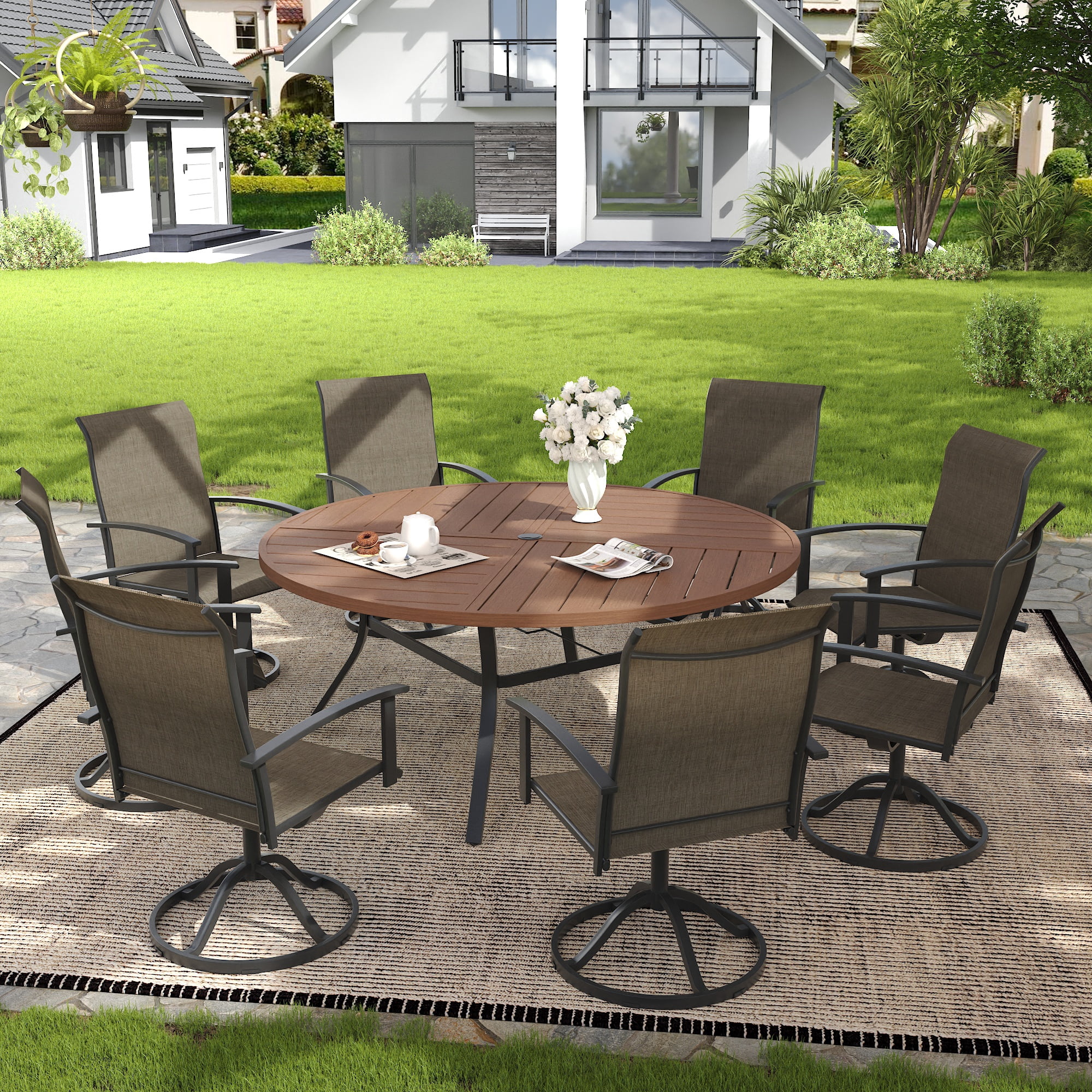 Vicllax 9-Pcs Round Outdoor Patio Dining Set Table and Chair Modern ...