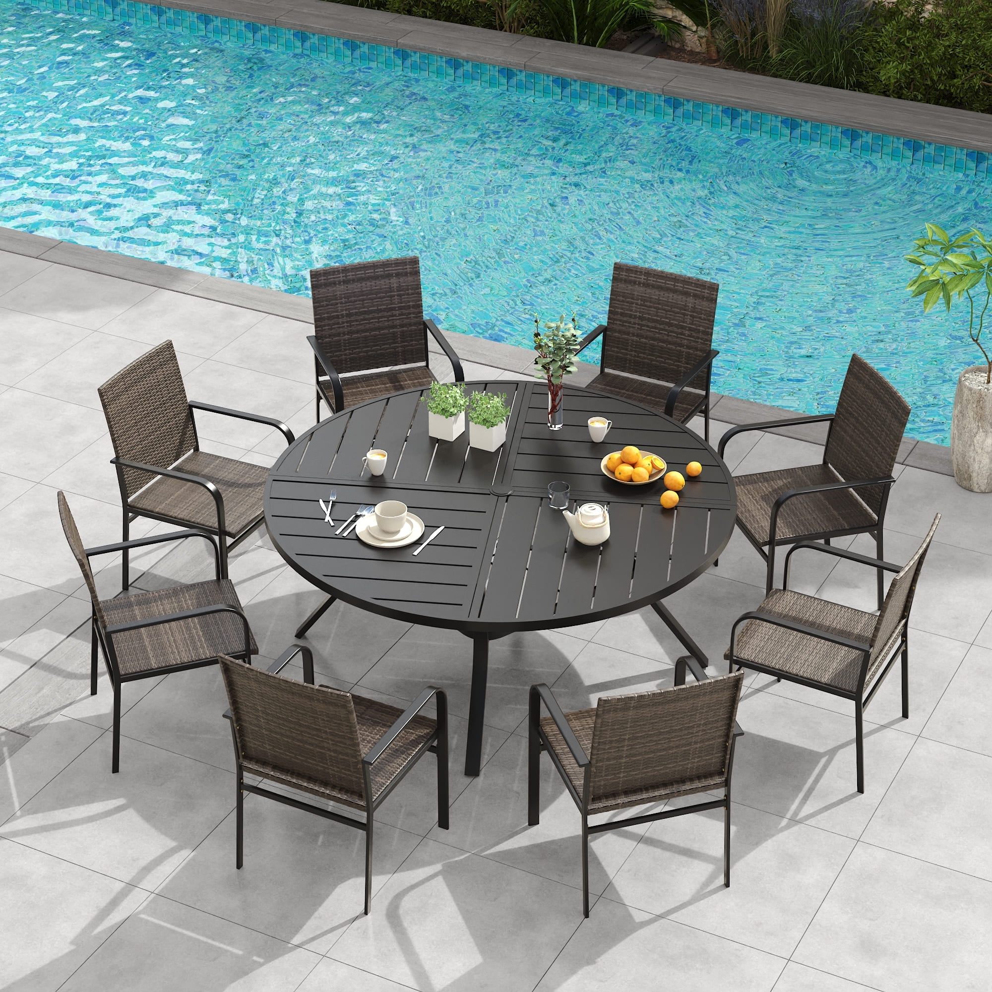 Vicllax 9-Piece Outdoor Patio Dining Set, 8 Rattan Wicker Chairs ...
