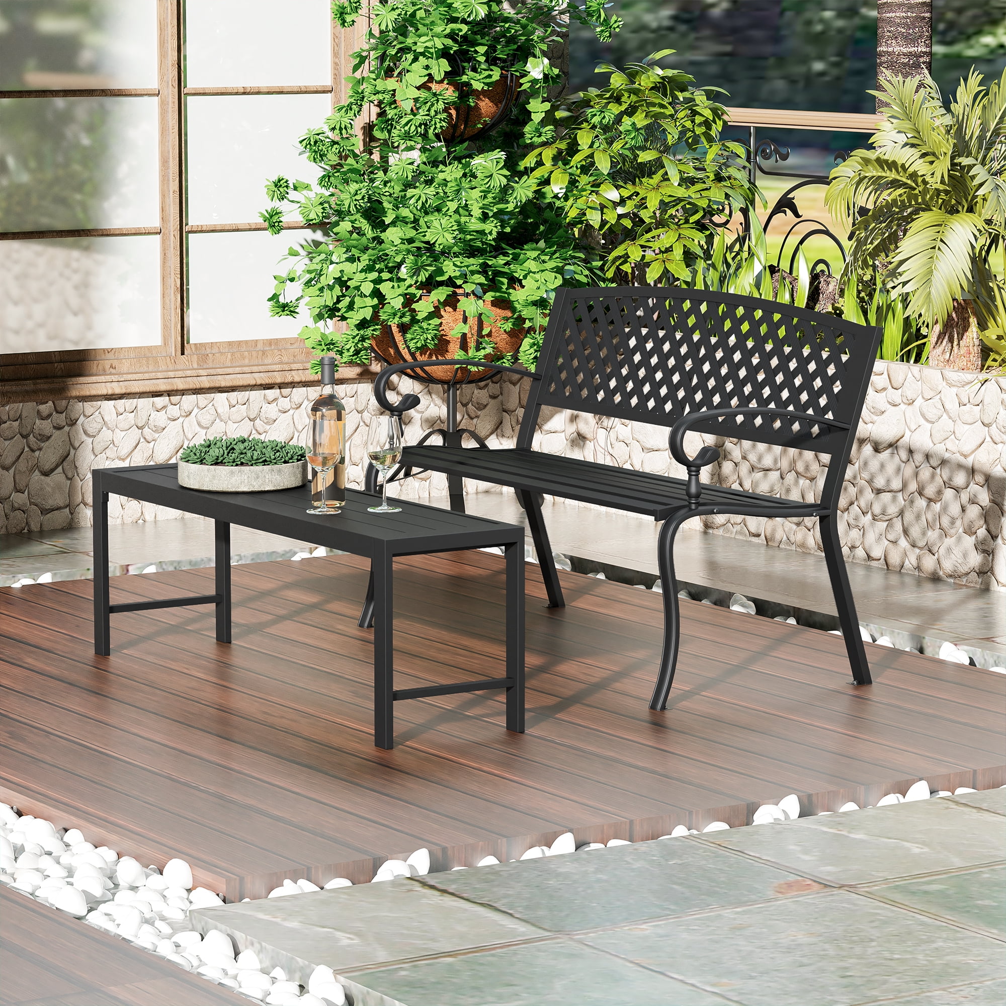 Vicllax Outdoor Bench Set Garden Bench Set Modern Style Metal 50.4"Lx18 ...