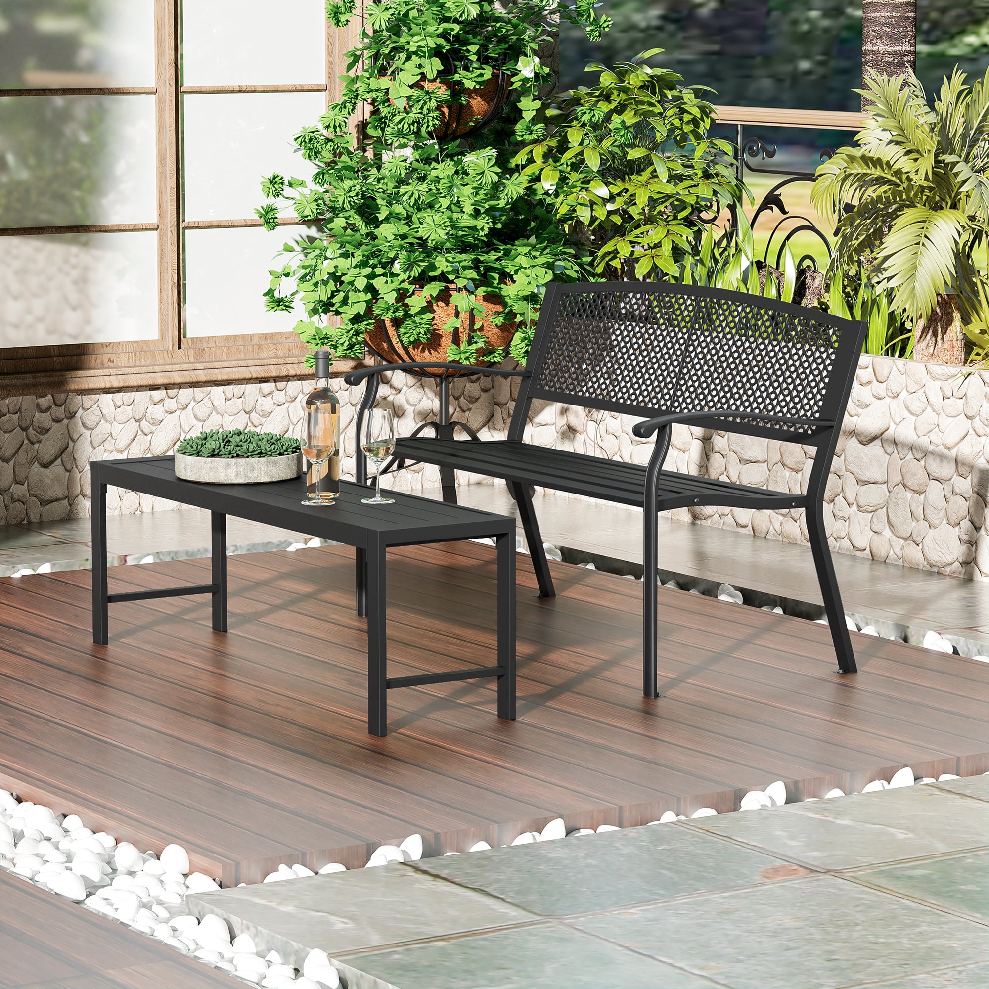 Vicllax Outdoor Bench Set Garden Bench Set Modern Style Metal 50.4"Lx18 ...