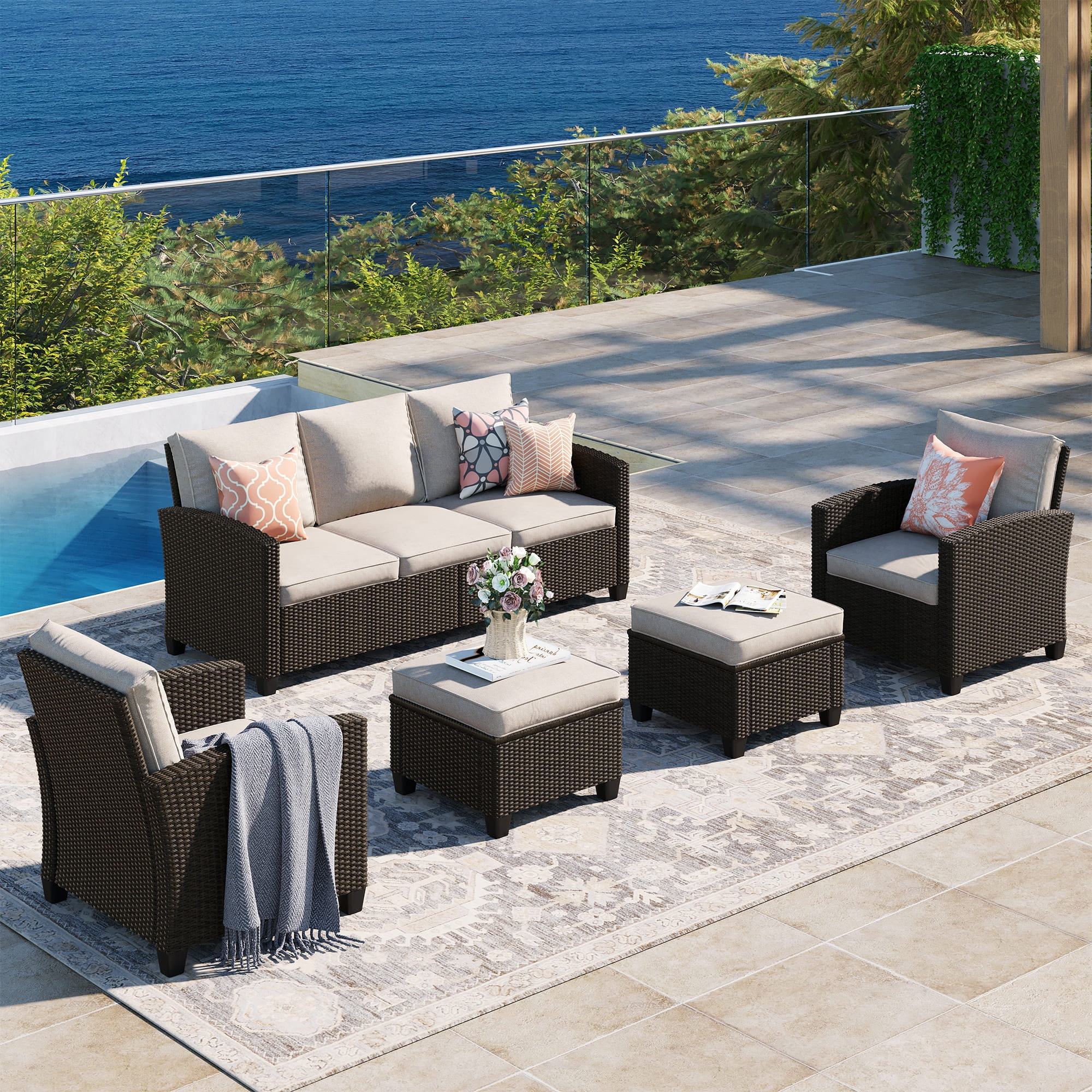 Vicllax Outdoor Patio Conversation Set Contemporary Style Oak Rattan ...
