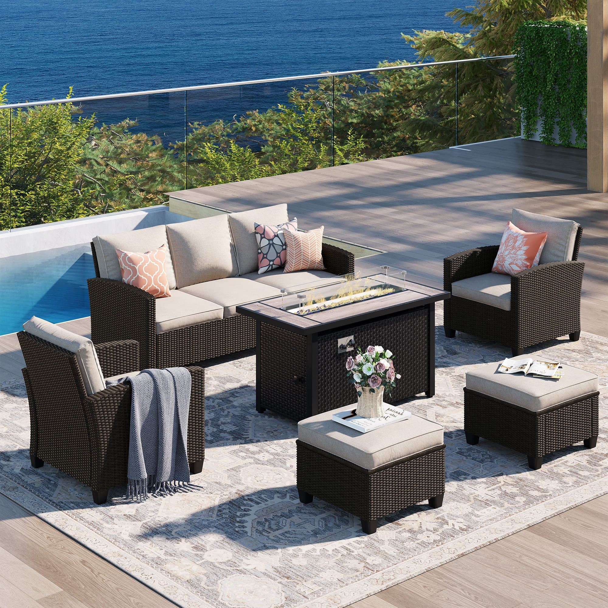 Vicllax Outdoor Patio Conversation Set Contemporary Style Oak Rattan ...