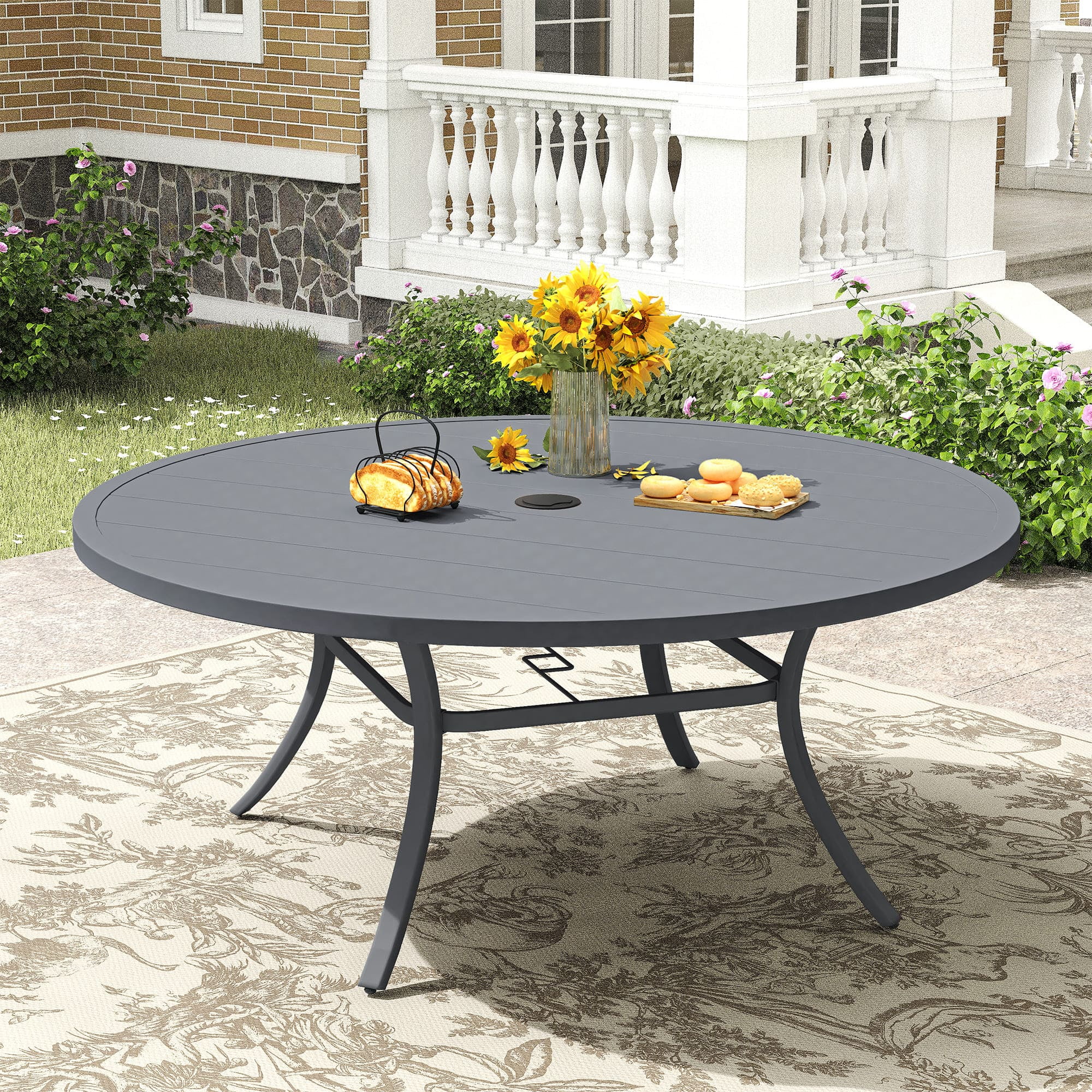 Vicllax Outdoor Patio Dining Table, 60" Round Outdoor Metal Table with ...