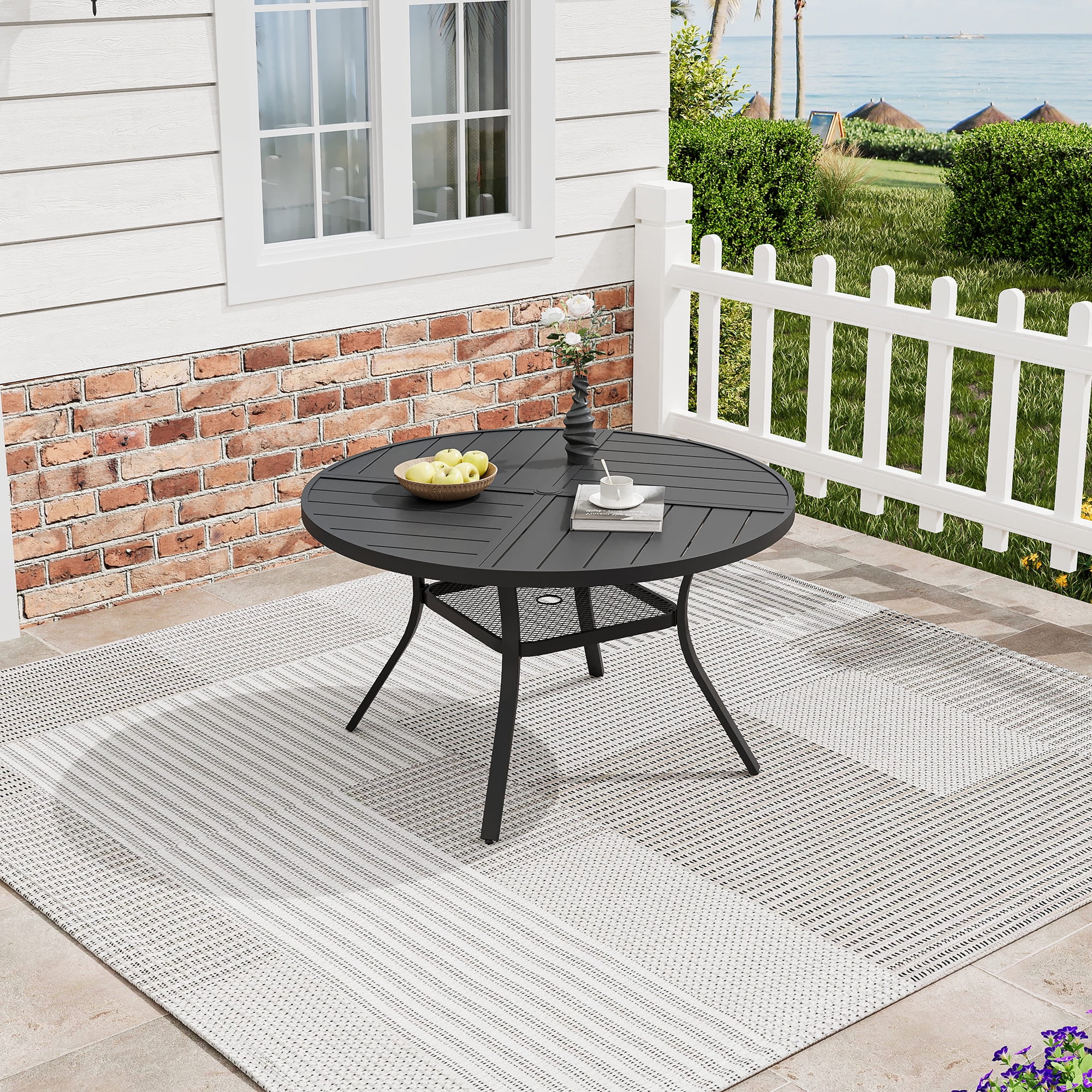 Vicllax Outdoor Patio Dining Table Dia.41" Slatted Tabletop Metal Frame ...