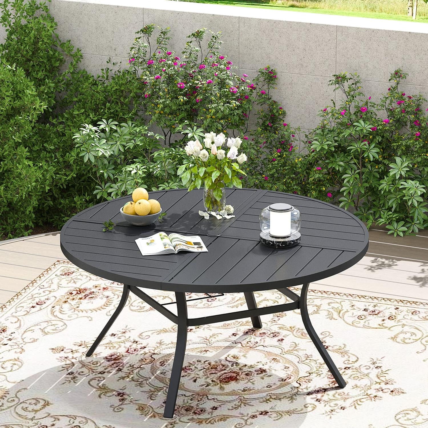 Vicllax Outdoor Patio Dining Table Dia.50" Slatted Tabletop Metal Frame ...