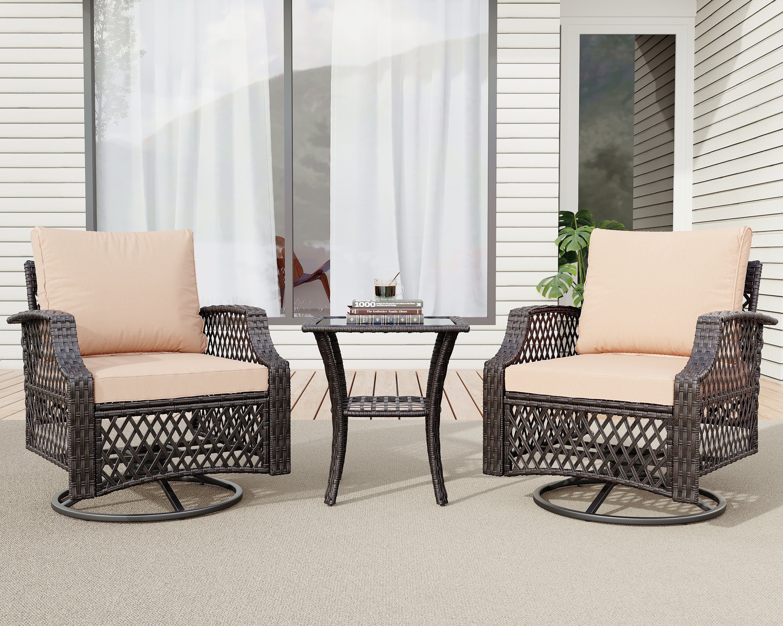 Vicluke 3 Piece Outdoor Swivel Chair Set, Wicker Patio Set with ...