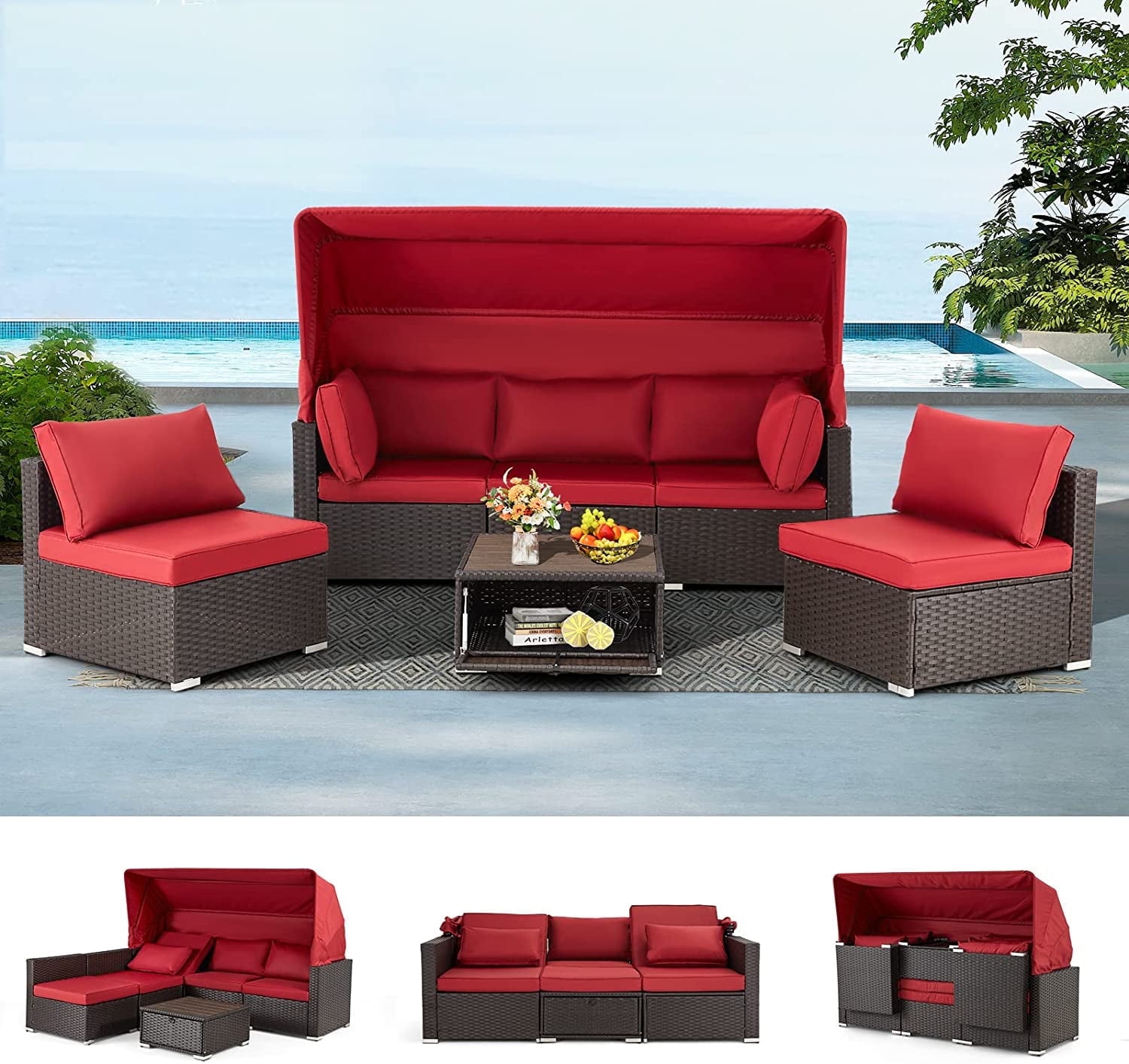 Vicluke Adjustable Backrest Rattan and Steel Outdoor Wicker Daybed, Red ...