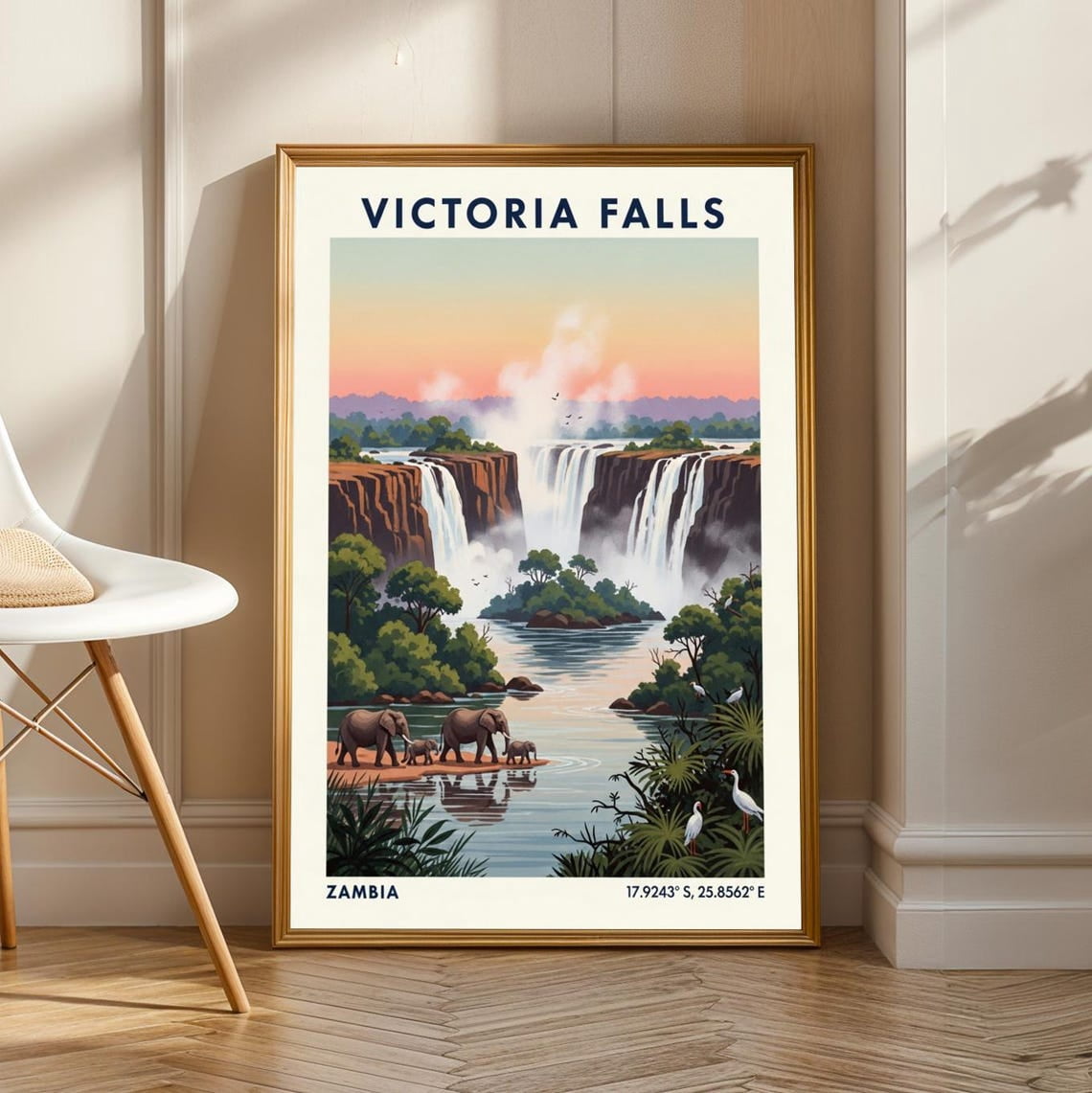 Victoria Falls Elephants Poster – Orange, Pink, Green, And Blue Travel ...