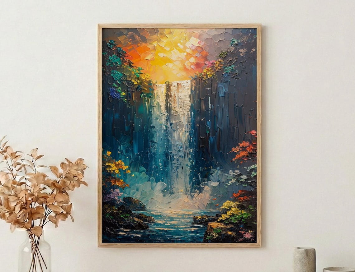 Victoria Falls Rainbow Tropical Waterfall Landscape Textured Impasto ...