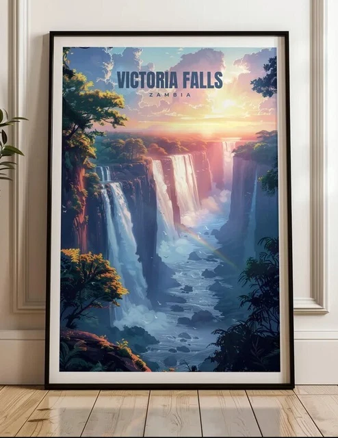 Victoria Falls Travel Poster - Zambia Wall Art Print, Illustration ...