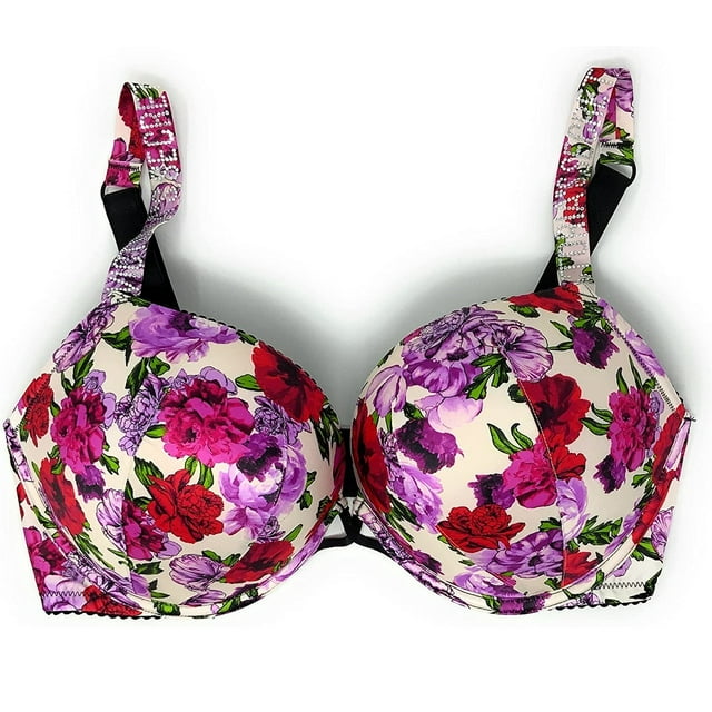 Victoria's Secret Bombshell Add-2-Cups Push-up Bra Rhinestone Strap Logo White Summer Floral Cup ...