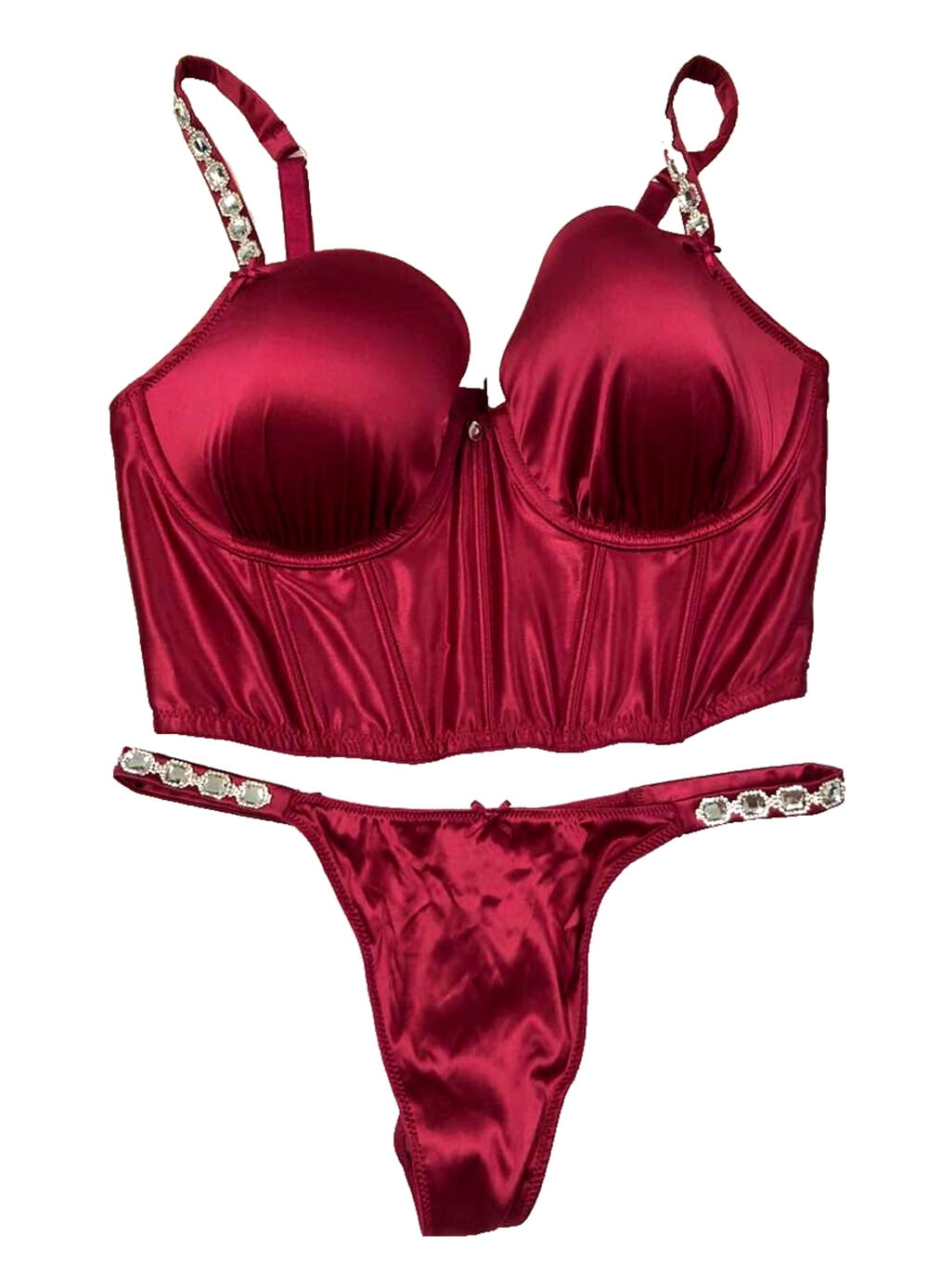 Victorias Secret Dream Angels Bra Corset Top Bejeweled Satin Strap Claret Red With Thong 2