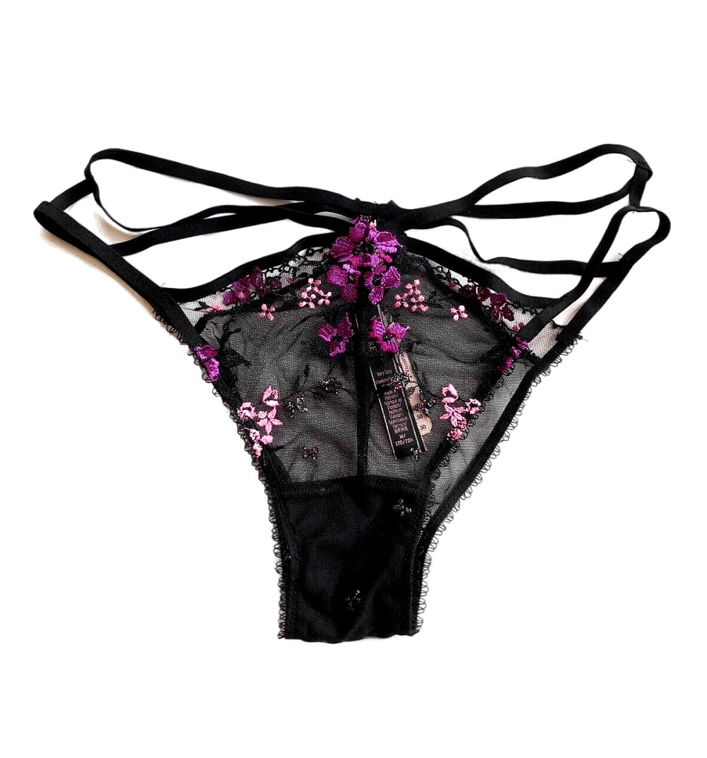 Victoria's Secret Embroidery Floral Strappy Cheekini/Cheeky Panty Black ...