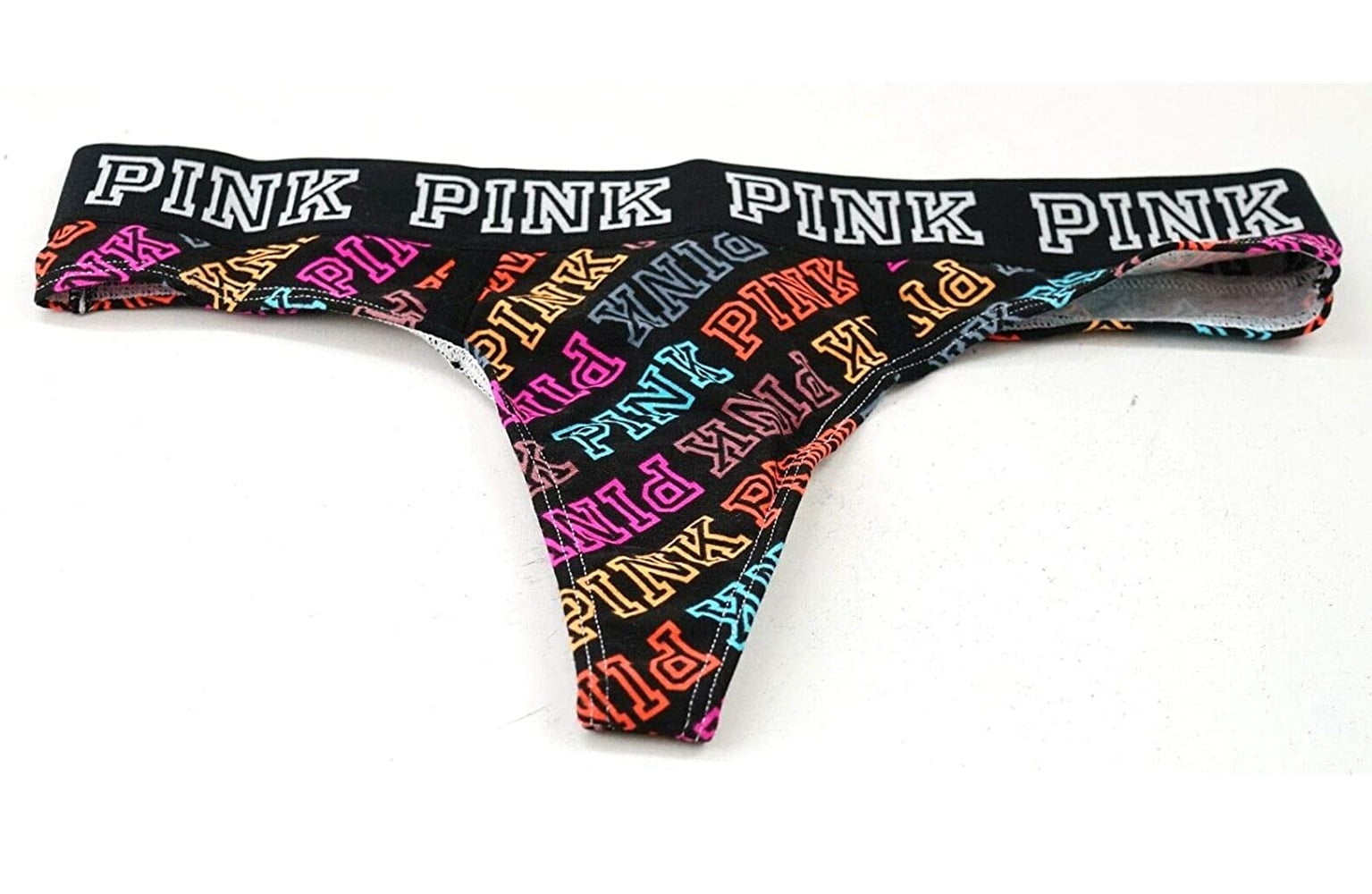 Victorias Secret Pink Cotton Thong Panty Multicolor Logo Graphic Print Size Large Nwt