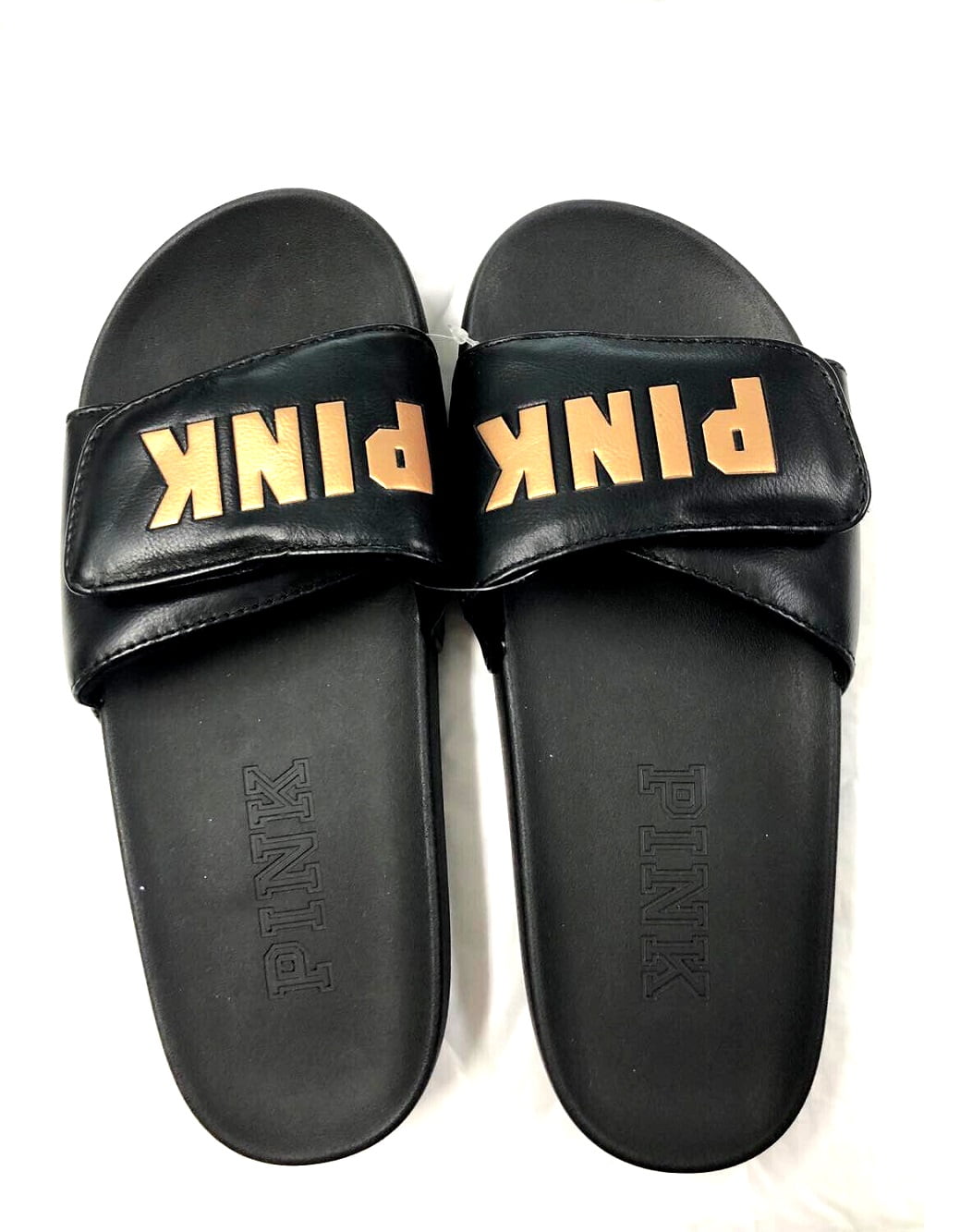 Victoria's Secret Pink Crossover Strap Comfort Logo Slides Black/Gold ...