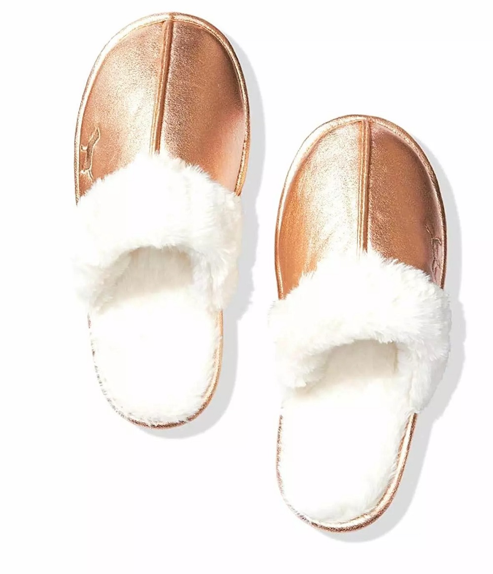 Victoria’s Secret Pink Faux Fur Metallic Slippers Slides Rose Gold ...