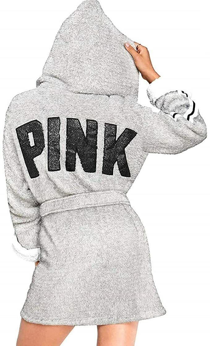 Victoria's Secret Pink Hooded Sherpa Lined Cozy Short Plush Robe Silver ...