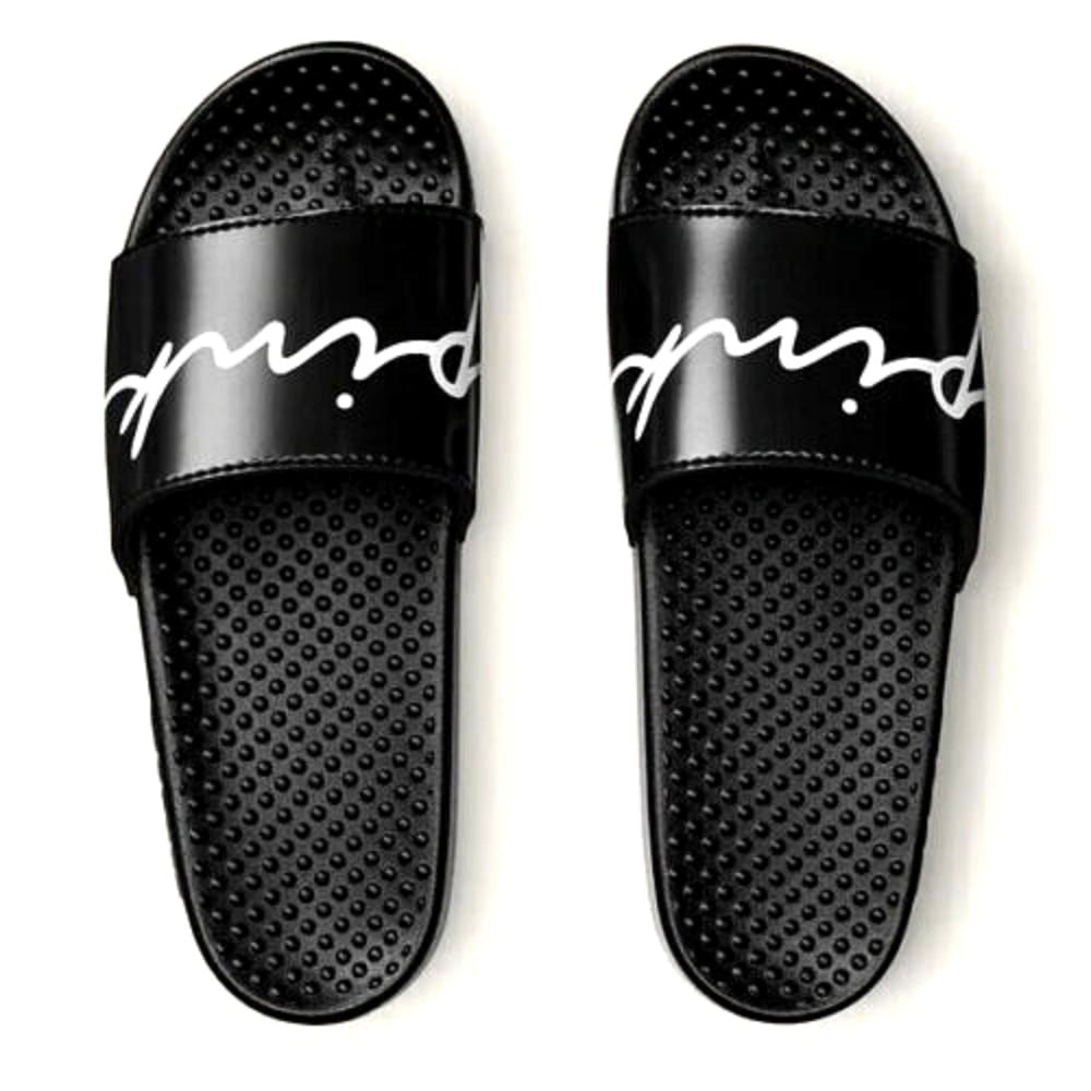 Victoria's Secret Pink Single Strap Slides Sandals Black Script Logo ...