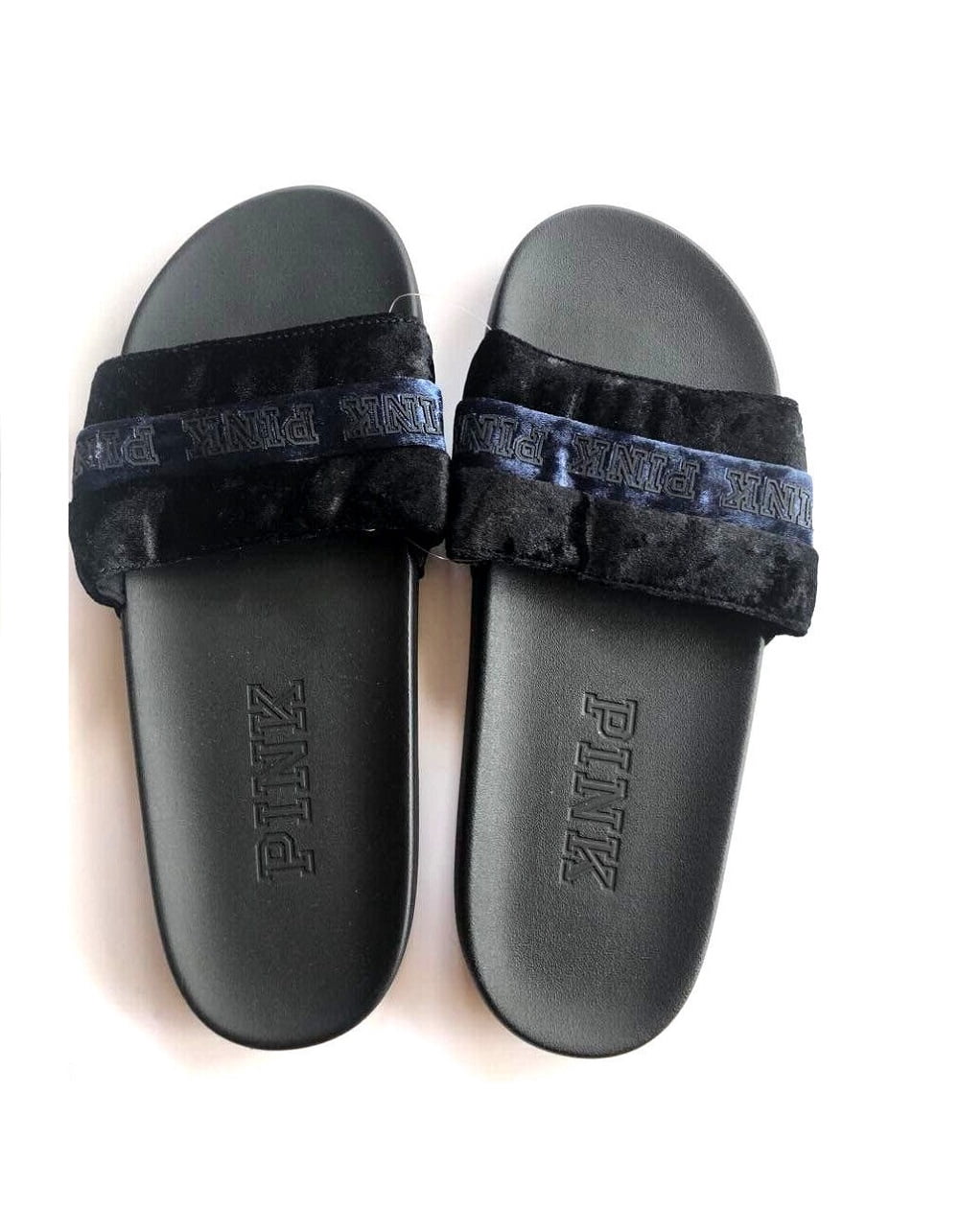 Victoria's Secret Pink Velvet Single Strap Slides Sandal Black and Blue ...