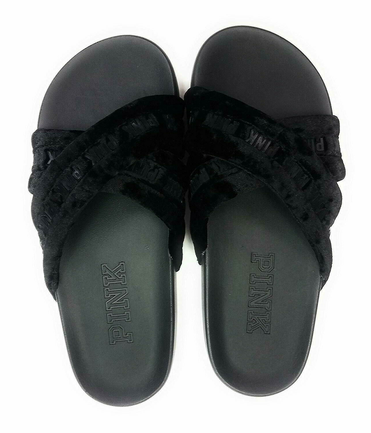 Victoria's Secret Pink Women Crisscross Black Velvet Slides Sandals ...