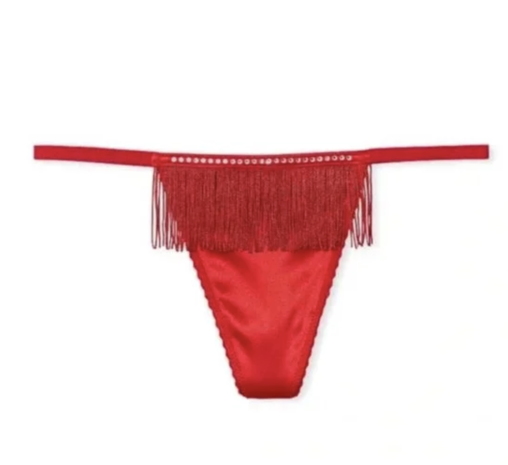 Victoria's Secret VERY SEXY Fringe V-String Panty Thong Studded Embellished Red Satin Small ...