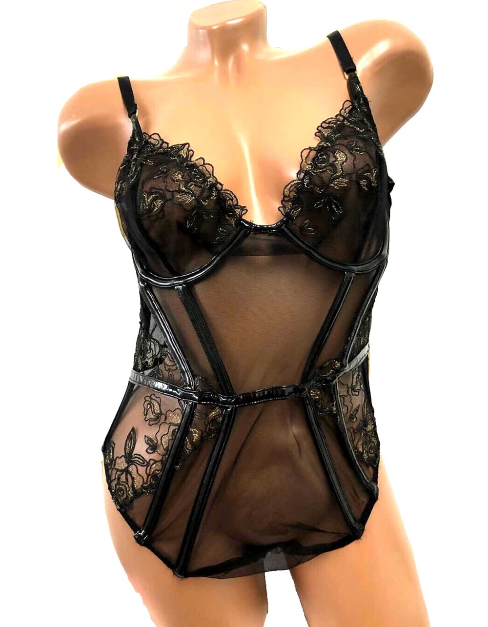 Victorias Secret Very Sexy Sheer Mesh Lace Teddy Black Faux Leather
