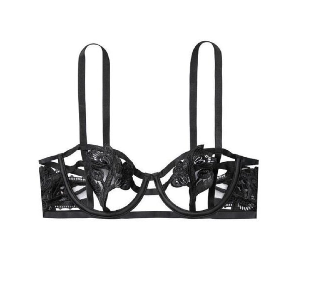 Victoria's Secret Very Sexy Strappy Unlined Balconet Bra Black Applique Floral Cup Size 36DD NWT ...