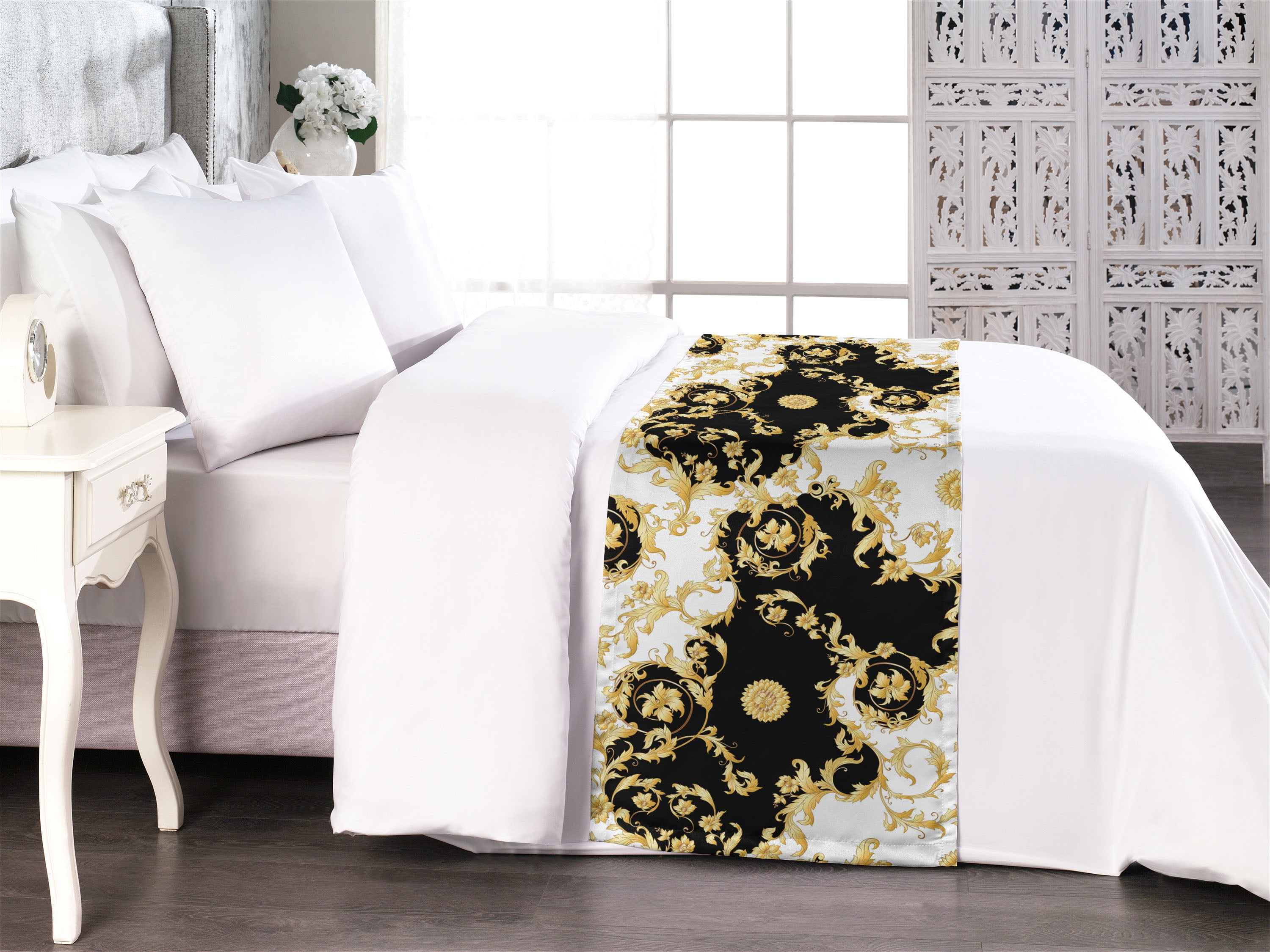 Victorian Bed Runner, Baroque Style Curlicue Leafy Floral Swirls Rococo ...