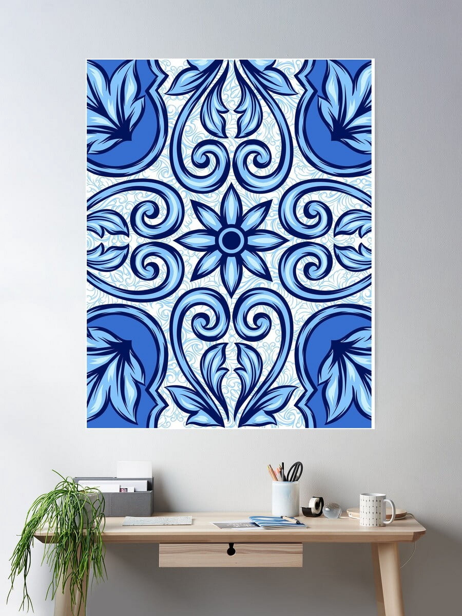 Victorian Blue Tile Pattern Poster Wall Art, Modern Wall Decor For ...