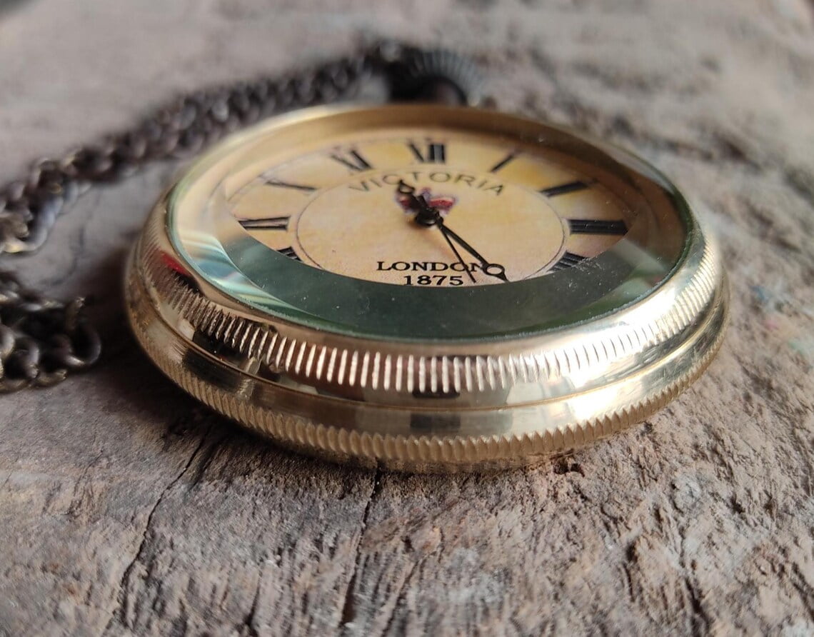 Victorian Brass Pocket Watch with Chain – Antique Style Compass Design ...
