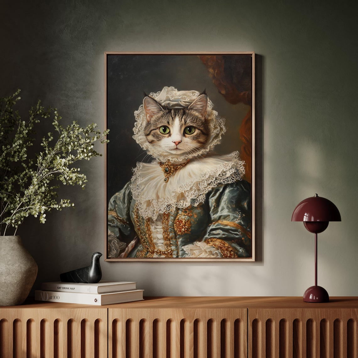 Victorian Cat Portrait - Regal Tabby In Lace And Emerald Brooch ...