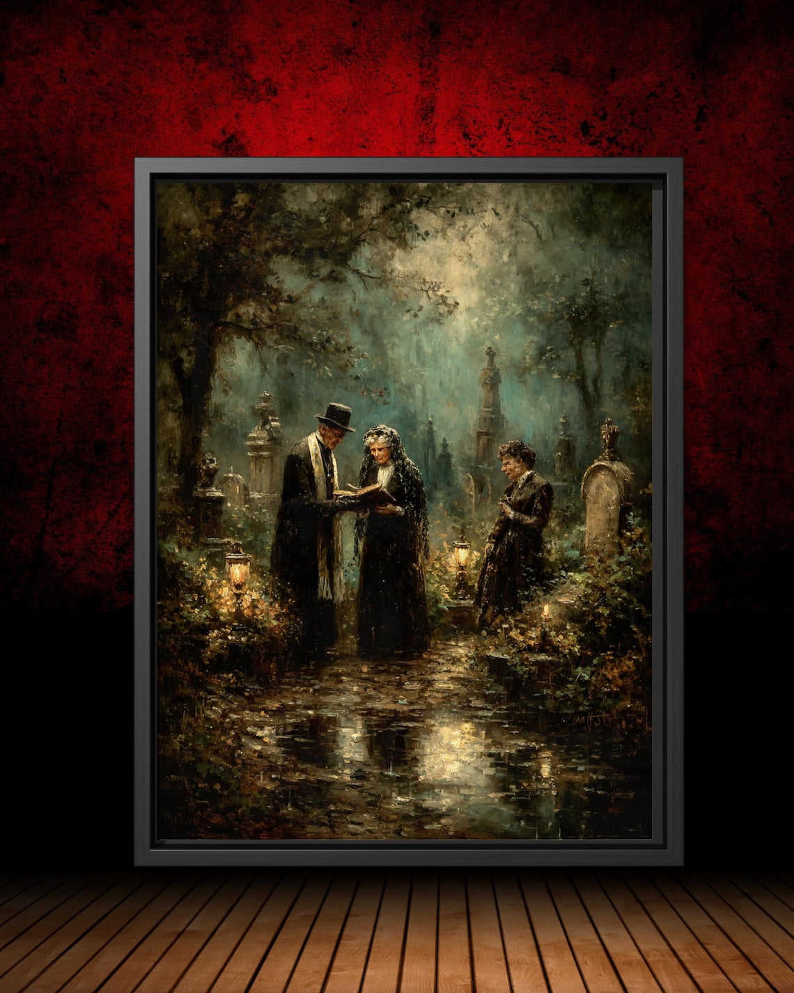 Victorian Cemetery Ceremony Art Poster, Widow & Vicar In Rain, Lantern ...