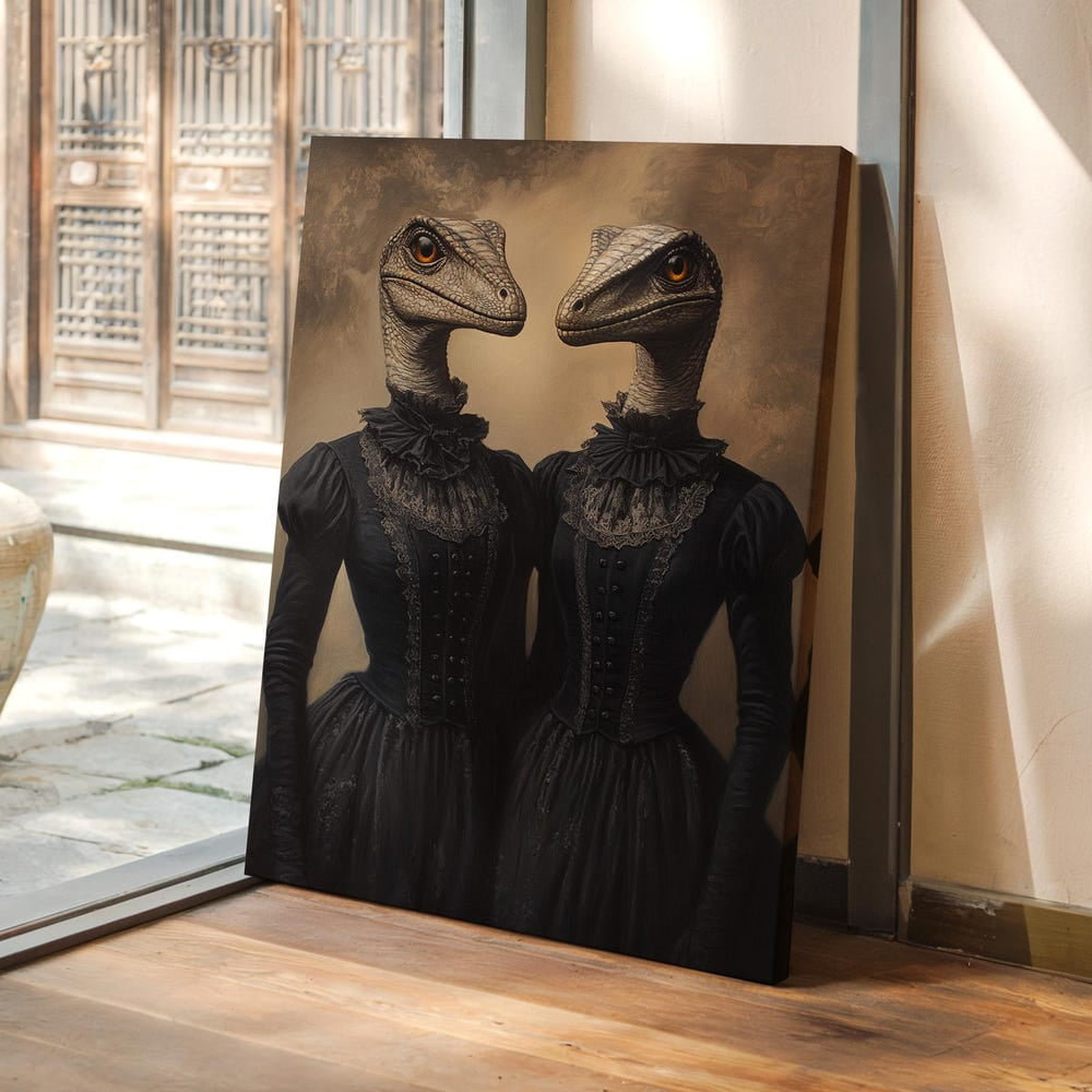Victorian Dinosaur Twins Wall Art Gothic Raptor Sisters In Lace Dresses ...