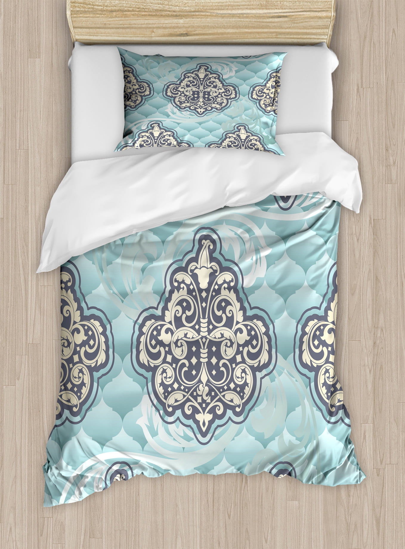 Victorian Duvet Cover Set, Rococo Style Design Tiles Romantic Diamond Swirls, Decorative 2 Piece ...