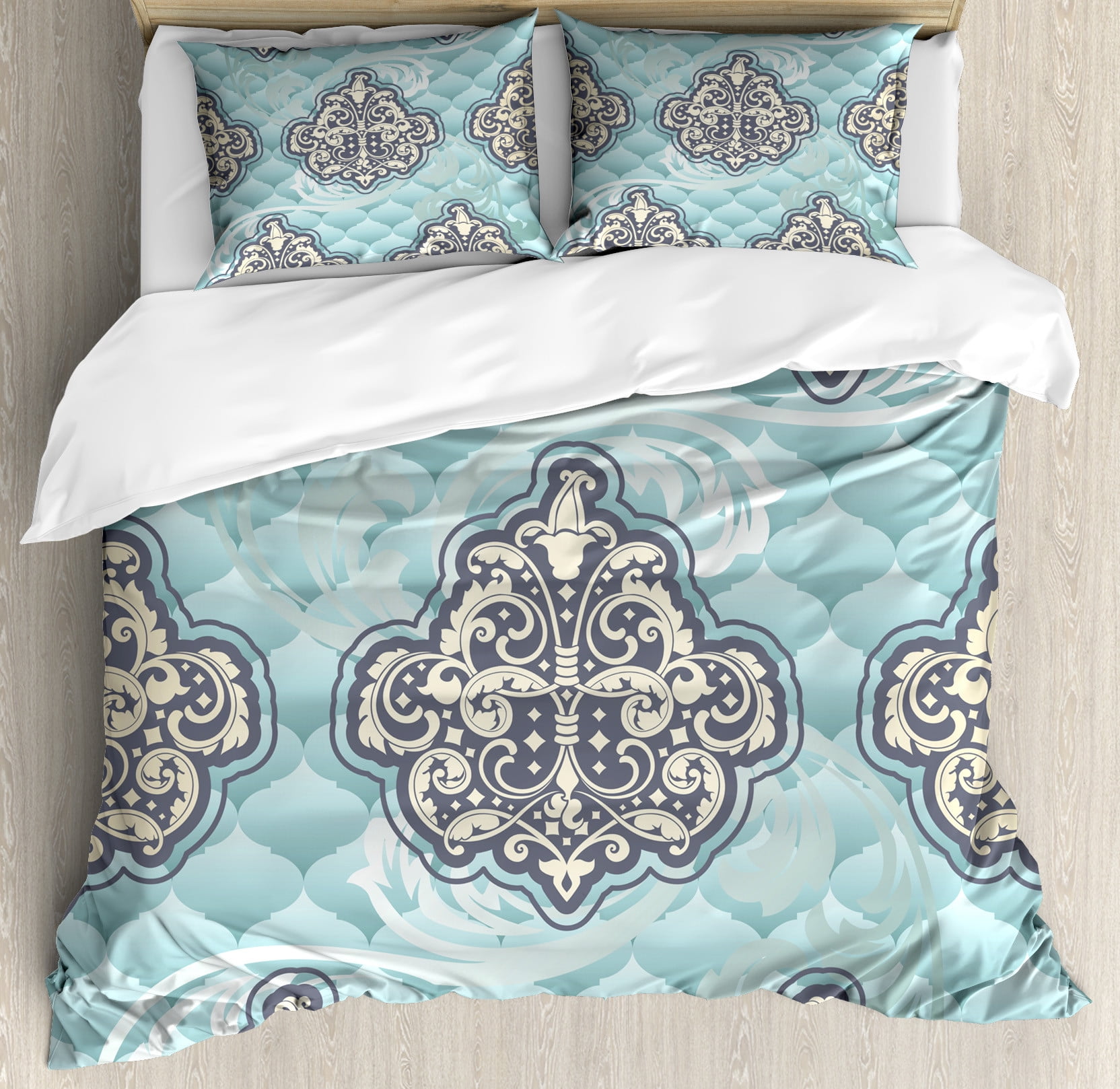 Victorian Duvet Cover Set, Rococo Style Design Tiles Romantic Diamond Swirls, Decorative 3 Piece ...