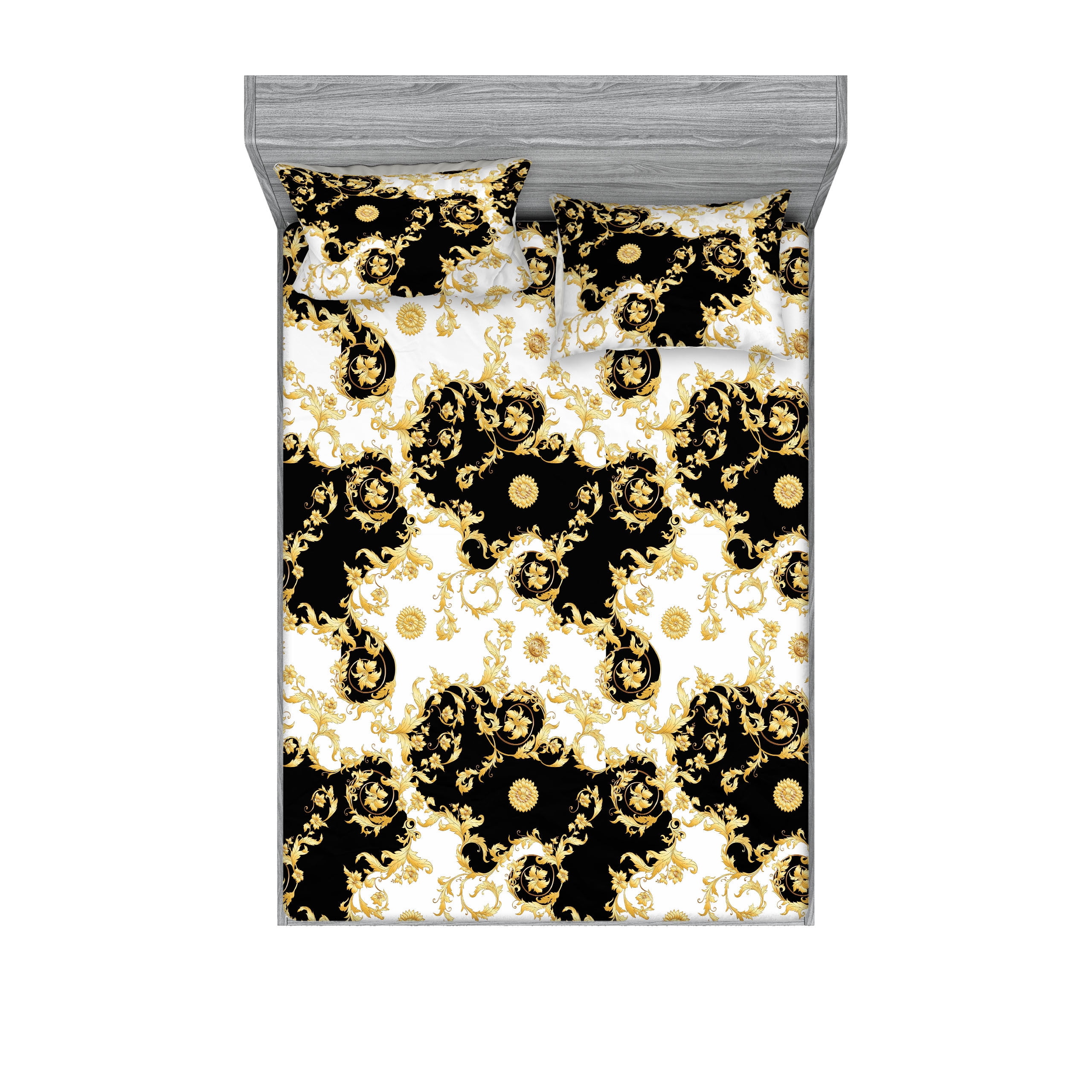 Victorian Fitted Sheet & Pillow Sham Set, Baroque Style Curlicue Leafy ...
