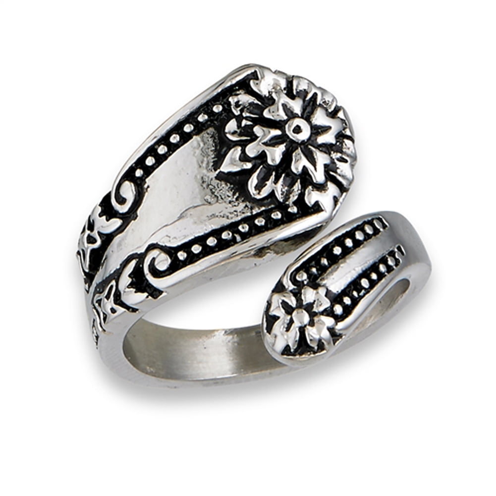 Victorian Flower Spoon Ring Stainless Steel Open Wrap Vintage Band Gray ...