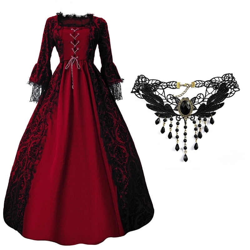 Victorian Gothic Ball Gown Dress with Lace Details & Choker Necklace ...
