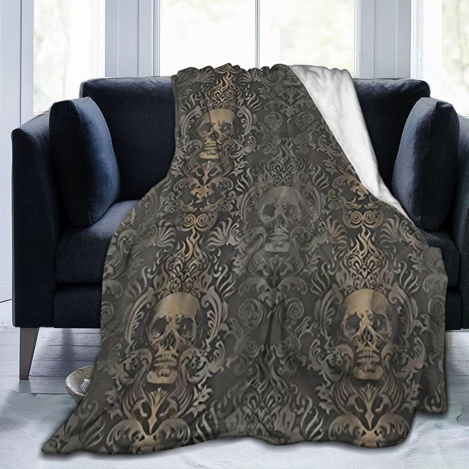 Victorian Gothic Gold Skull Damask Blankets, Bedroom Wool Blankets ...