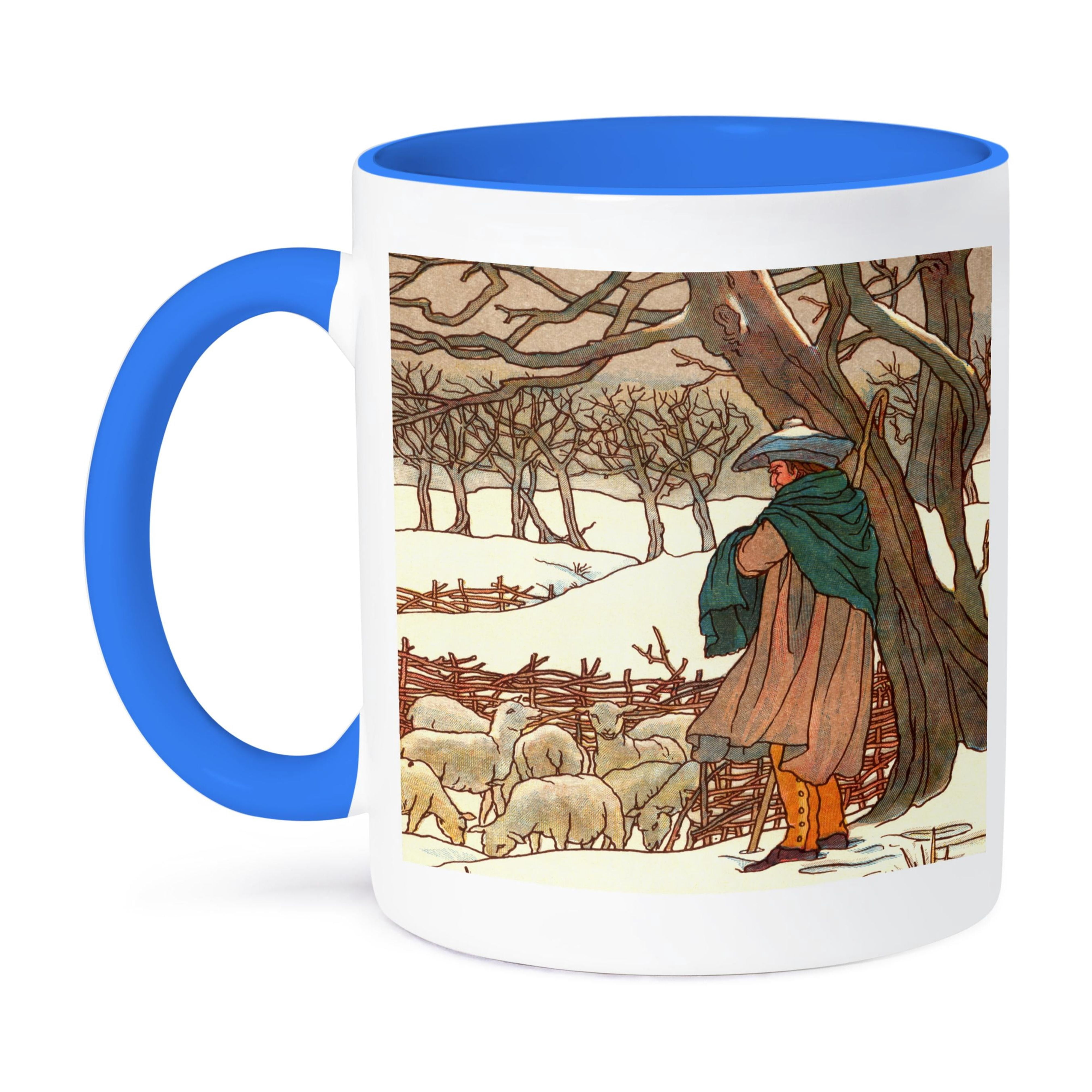 Victorian Illustration Of Shepherd In Winter Snow With Sheep, 11oz Two ...